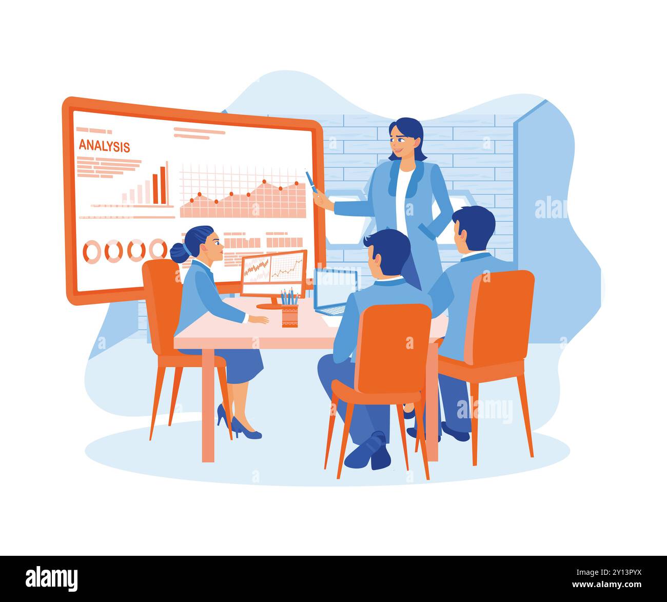 A female chief analyst is holding a presentation with a team of ...