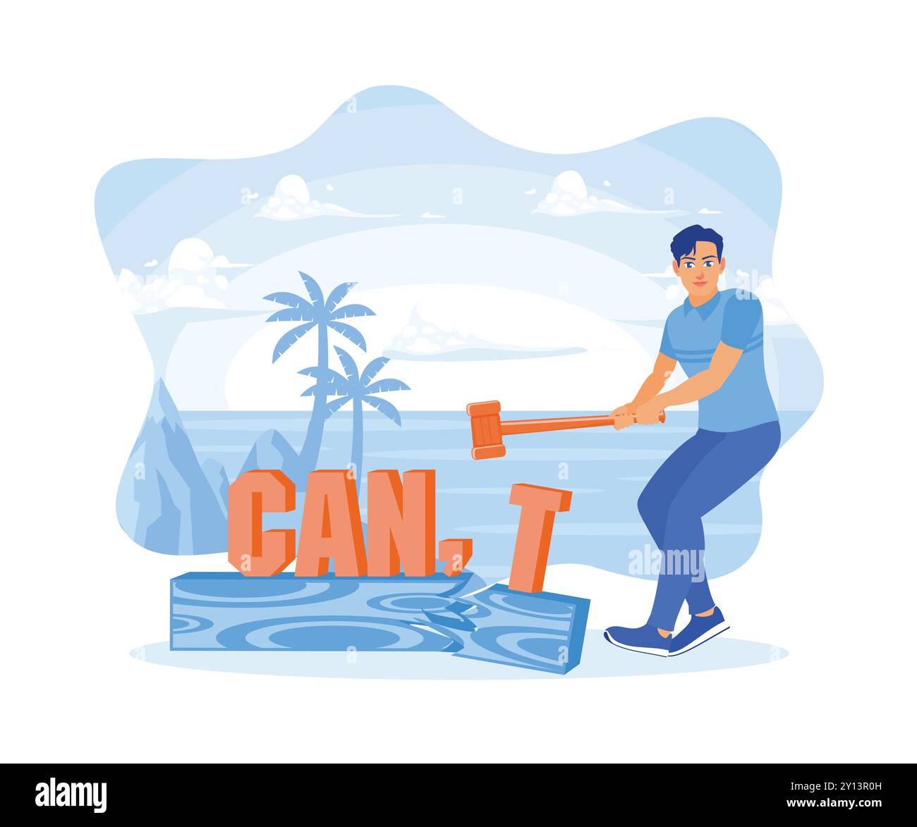 Man standing on the beach. Change the word can't to can, using a hammer ...