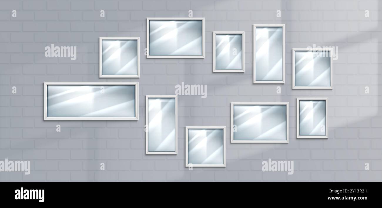 Picture frames on white brick wall. Vector realistic illustration set ...