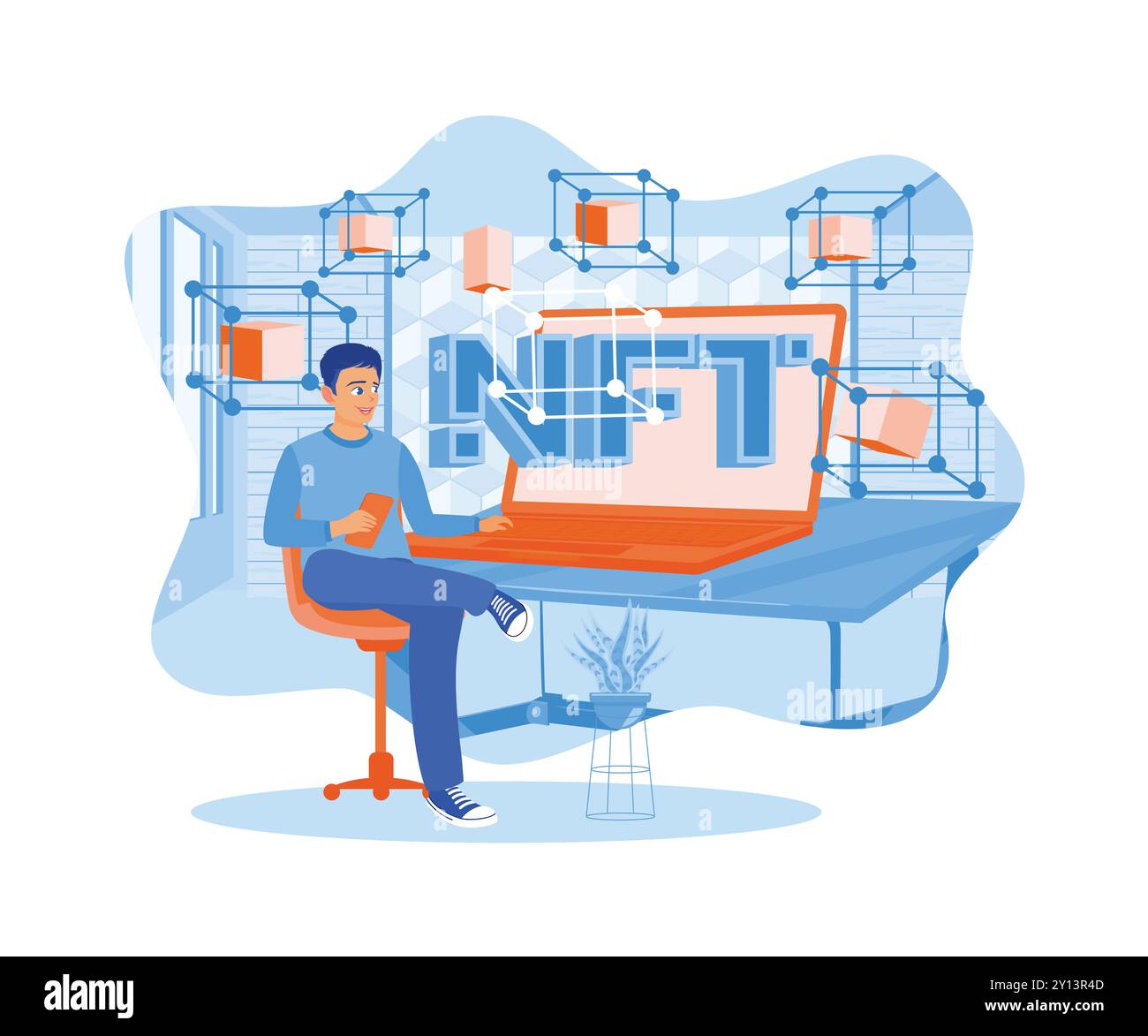 Man typing on a laptop using a cell phone. NFT digital hologram, data ...