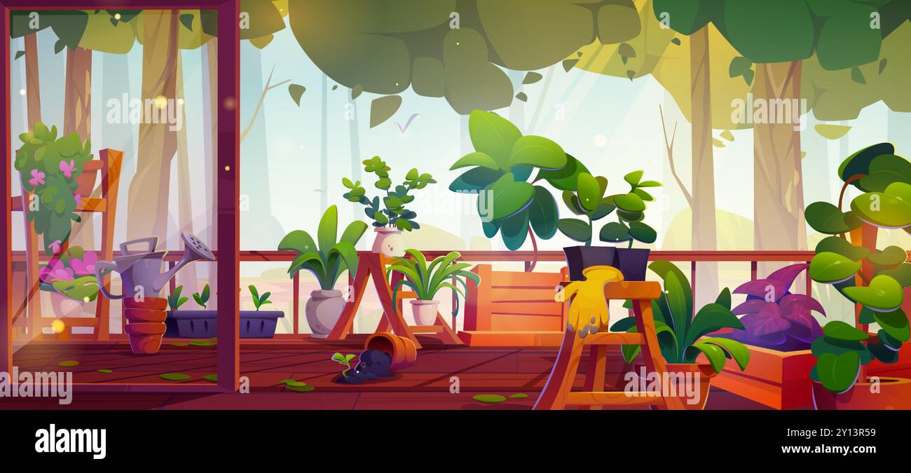 Terrace garden in summer morning. Vector cartoon illustration of house ...