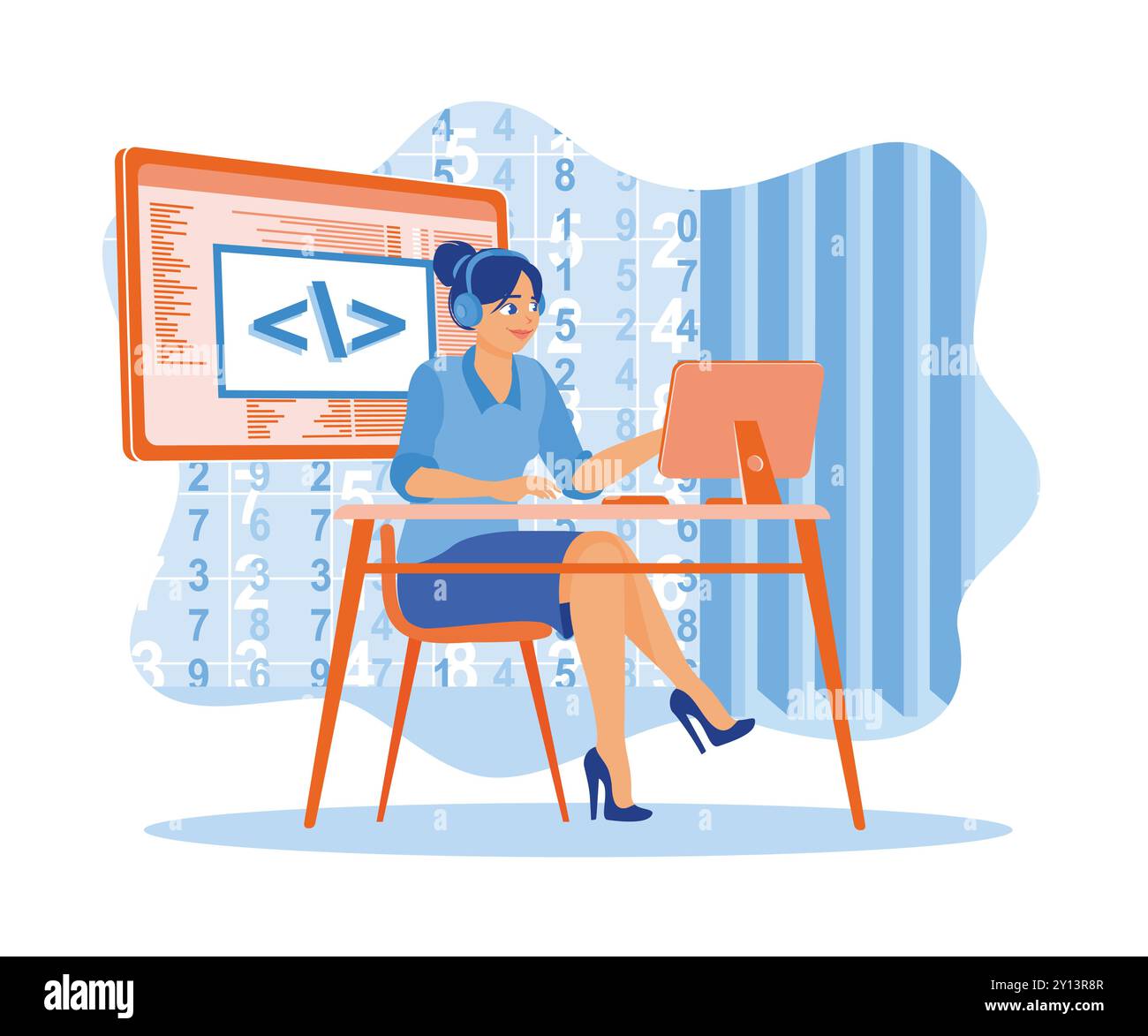 Young woman working at the computer while listening to music. Women working in modern offices ...