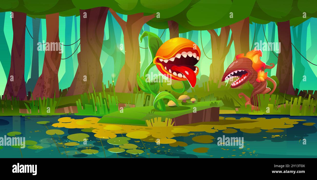 Creepy fantasy forest landscape with carnivorous plant monsters with ...