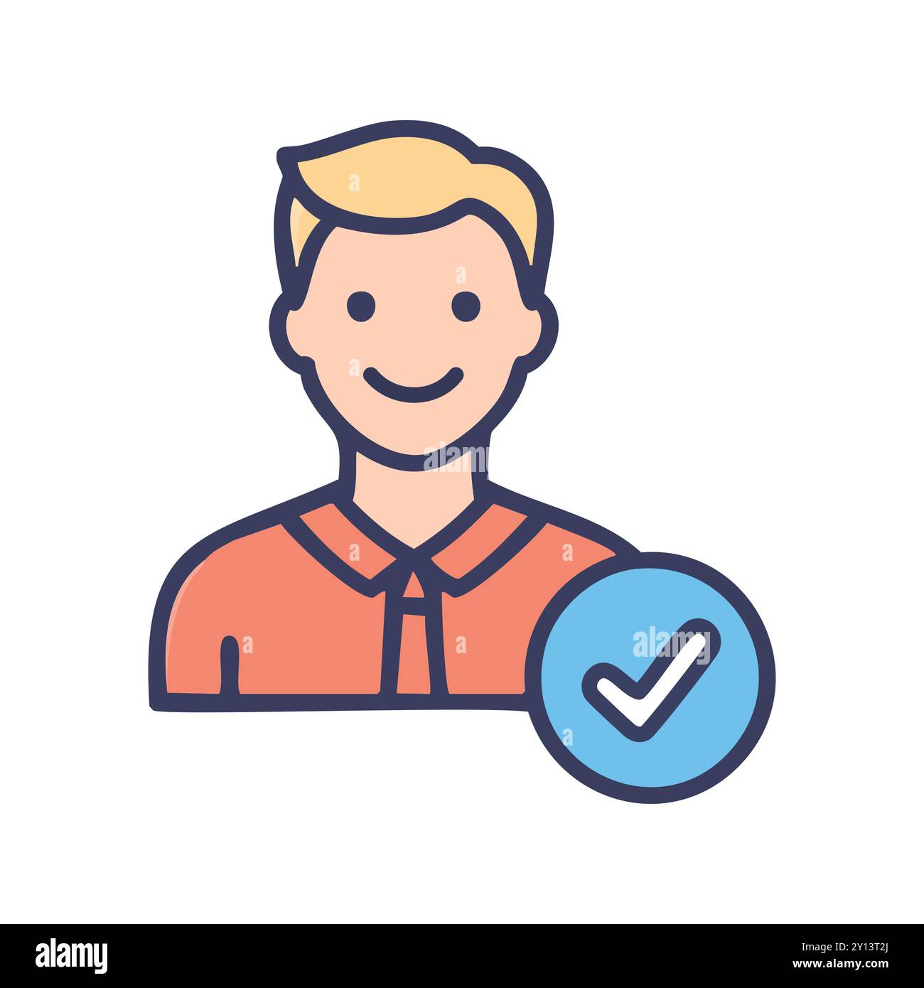 Approved user icon. Smiling man icon with blue checkmark, indicating ...