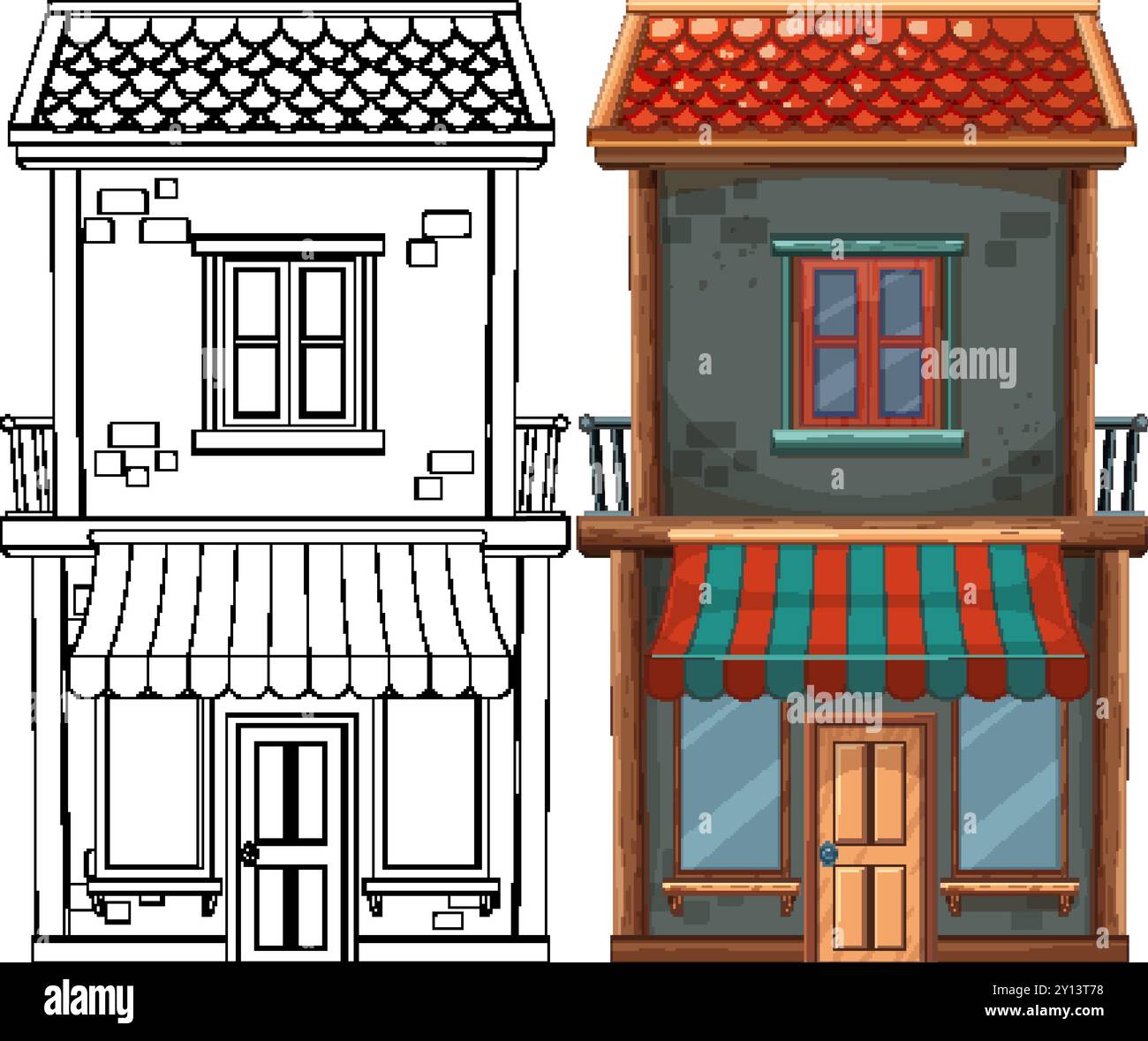Side-by-side colored and outline building illustration Stock Vector ...