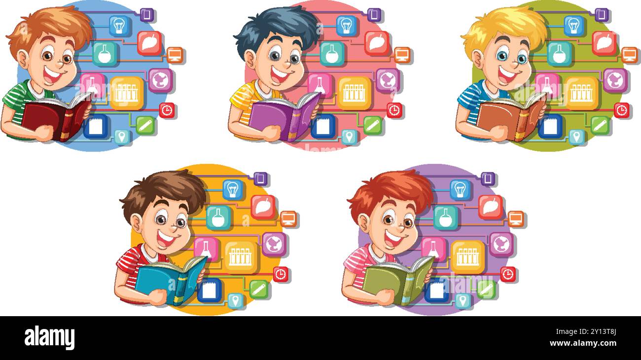 Kids reading books with colorful digital icons Stock Vector Image & Art ...