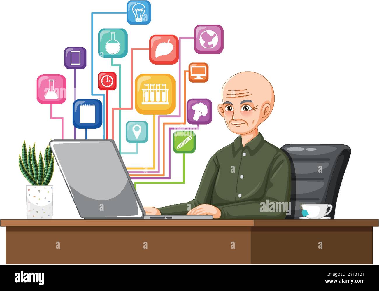 Elderly man using laptop with colorful icons Stock Vector Image & Art ...