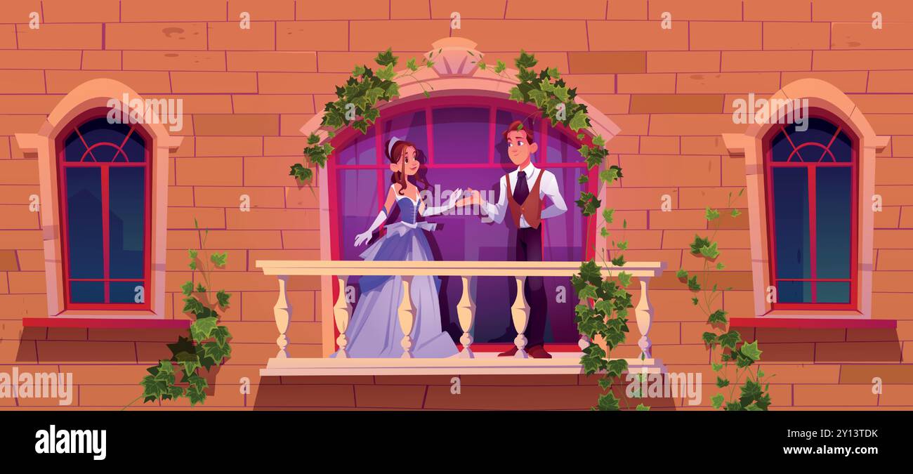 Princess in ball dress and prince on balcony of medieval castle with ...