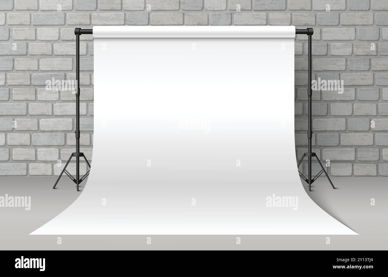 White photo shoot studio backdrop. Empty paper near brick wall. 3d ...