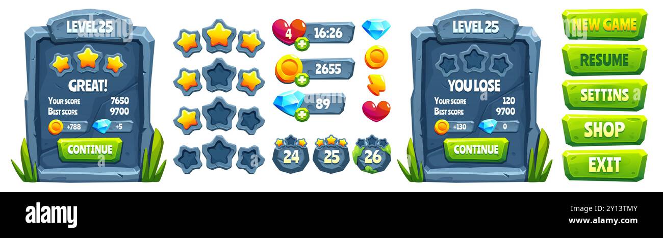 Jungle stone game ui sign frame cartoon vector. Leaf button, panel element and menu plate ...