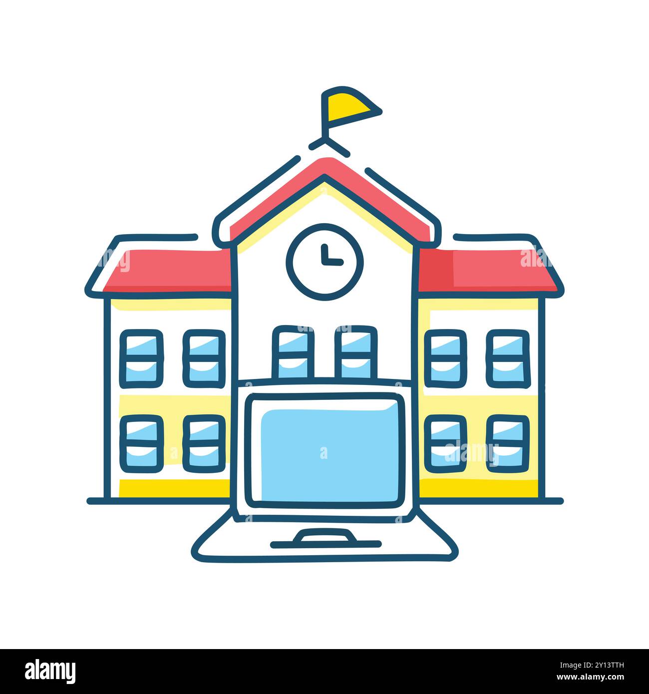 Online learning school. Laptop in front of school building, signifying ...