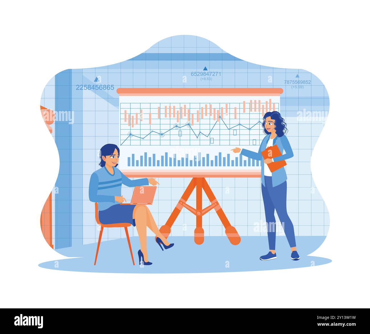 Two businesswomen using laptop and documents in meeting room. Office ...