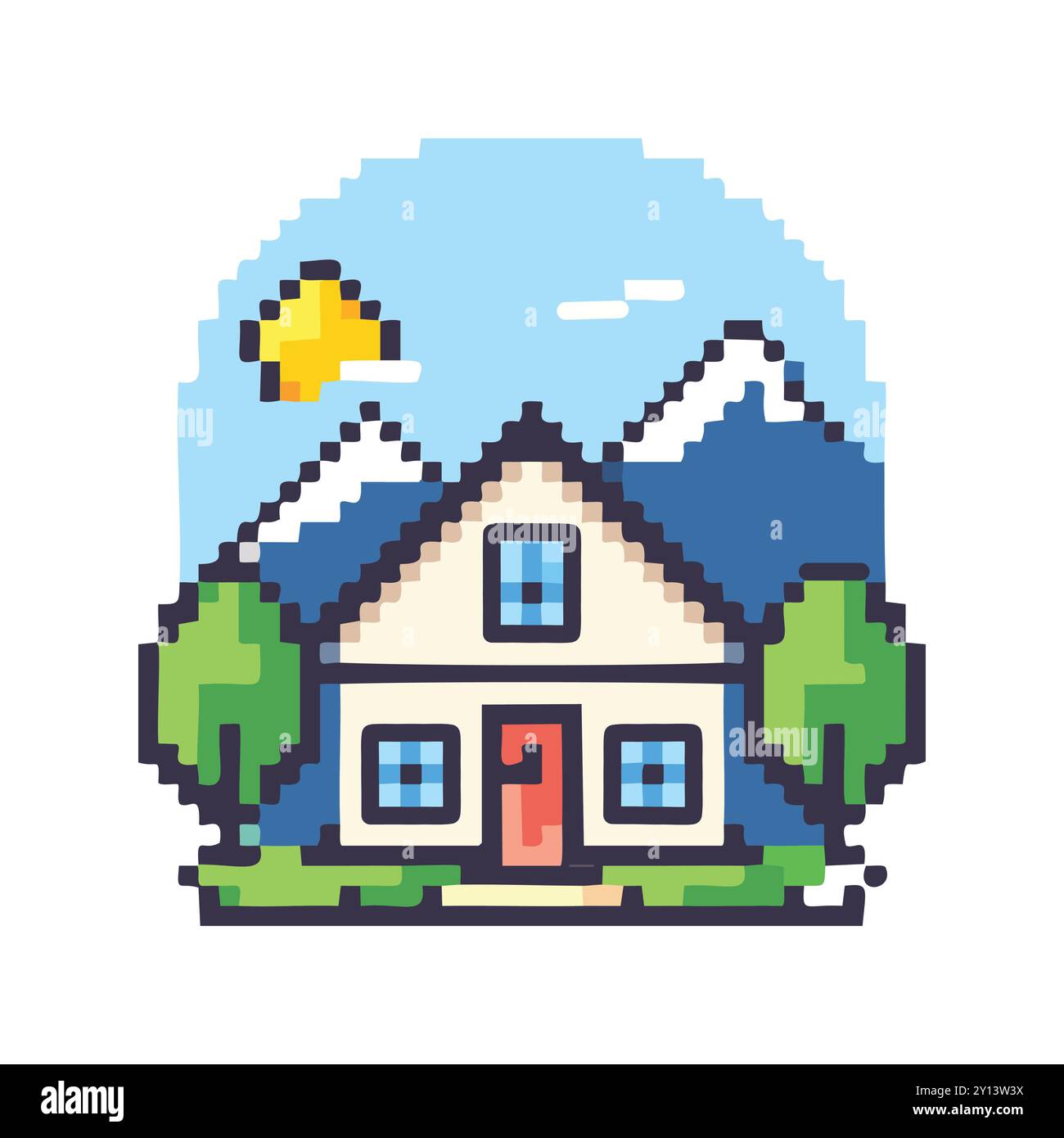Pixel house mountains. Pixel art illustration of a house in a ...