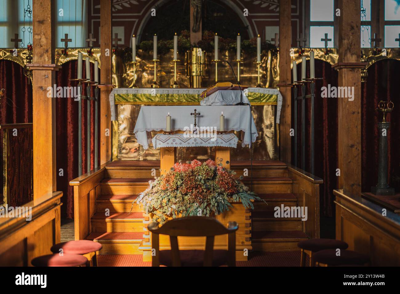 View of an altar in a european church. Inside view of a church Stock ...