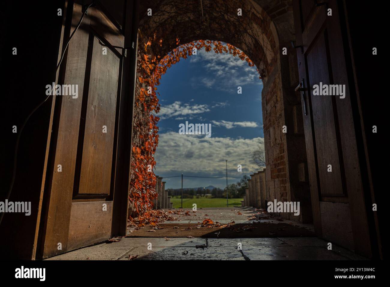 Inside view of a church main door opened Stock Photo - Alamy