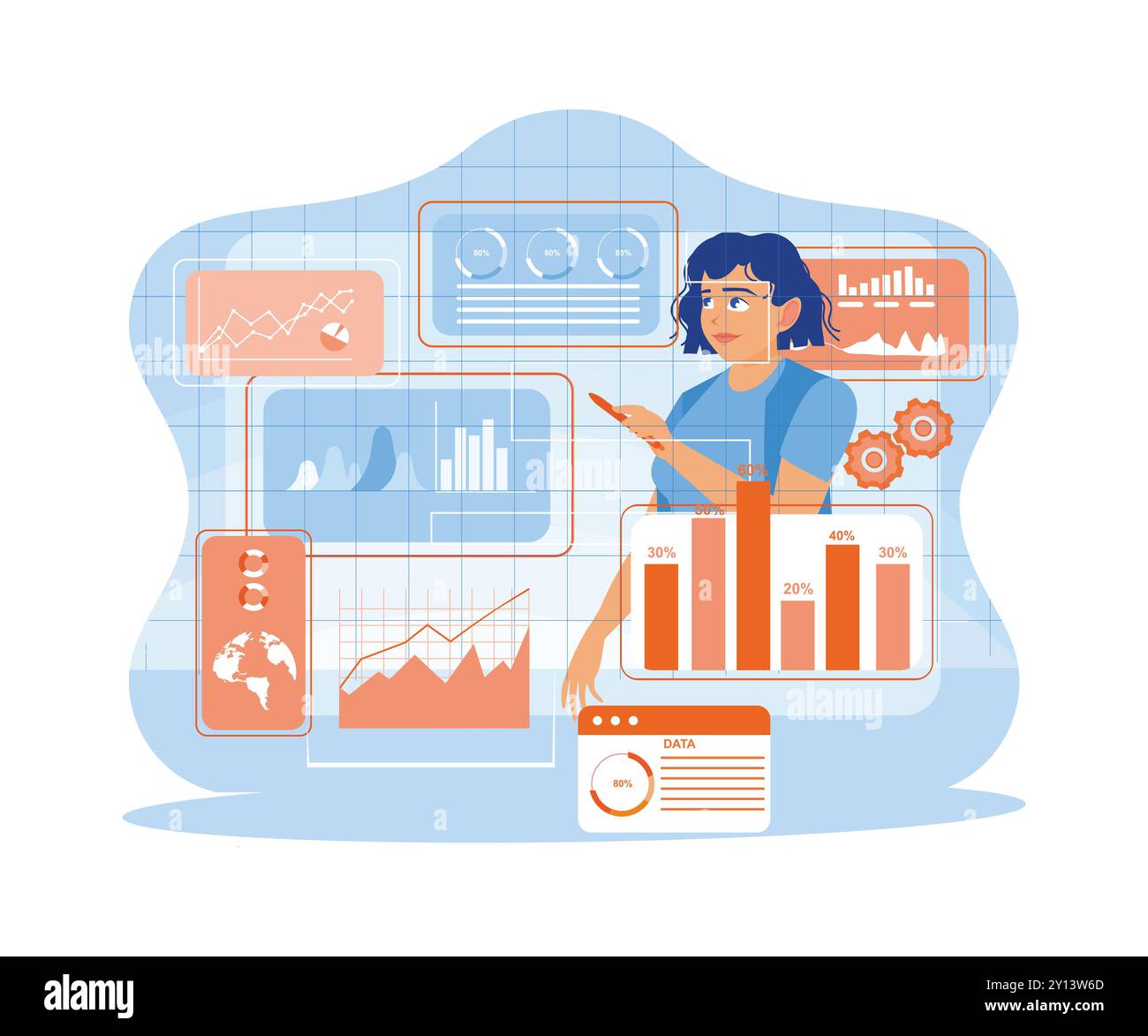 A young woman is standing in the data center room. Use digital business interfaces to analyze ...