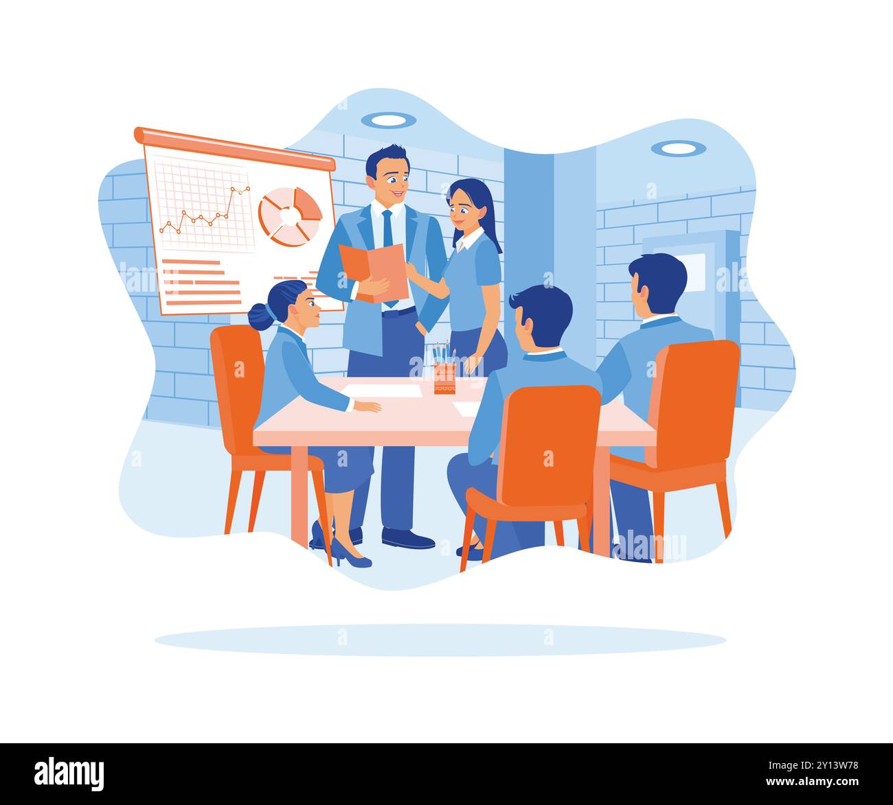 Diverse colleagues gather in the presentation room. Discussing office ...