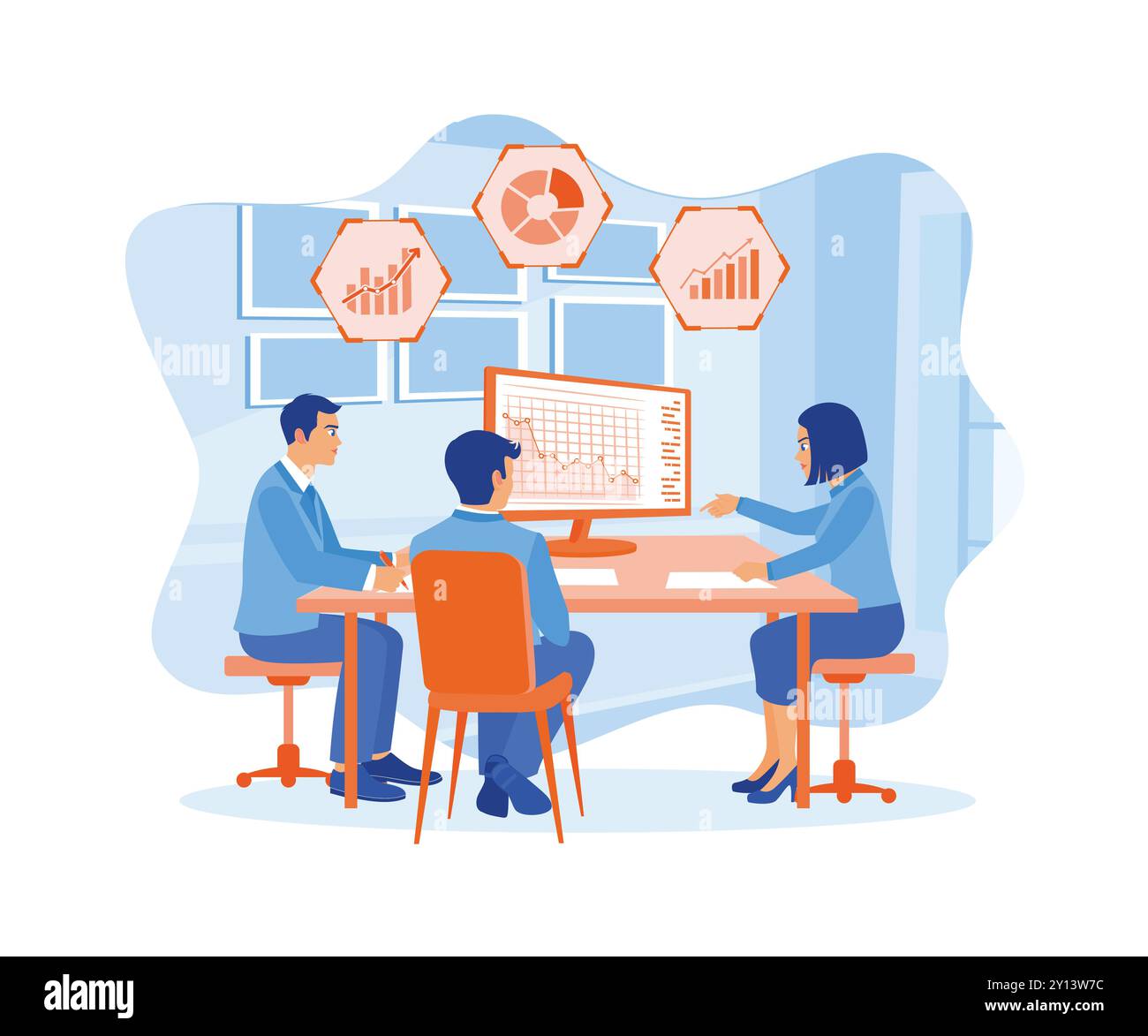 A group of business people analyze data using computers. Use data ...