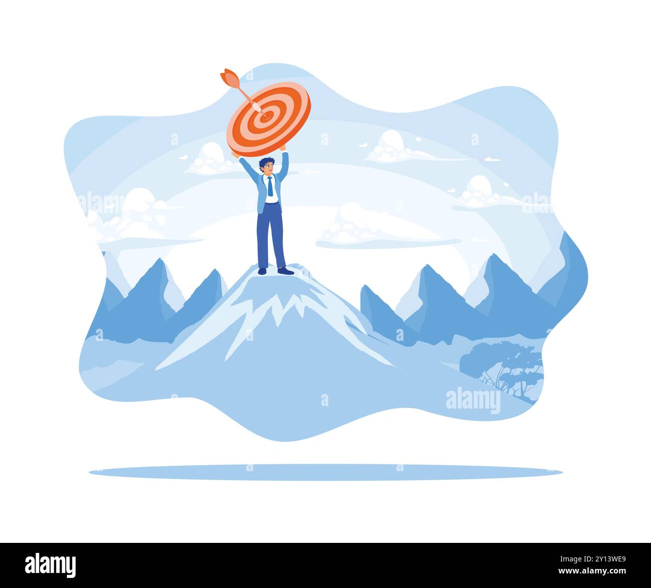 A businessman is standing on the mountain and holding a target board ...