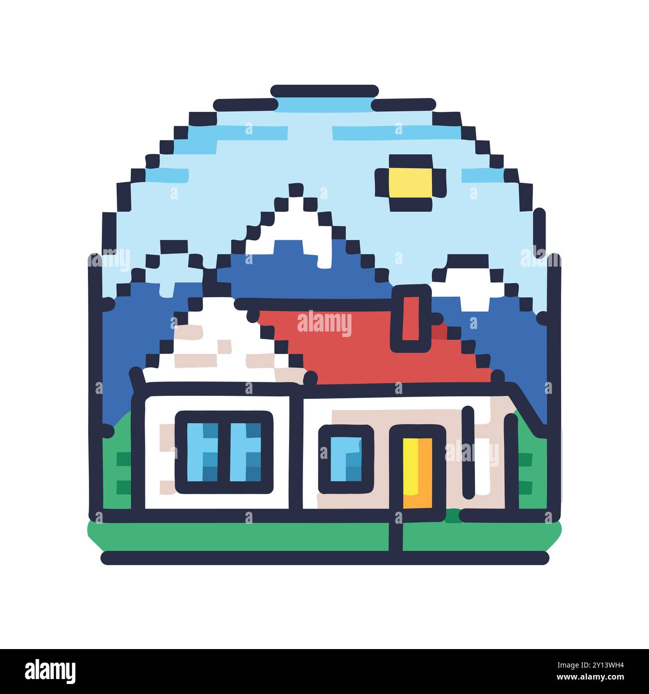Pixel house landscape. A pixel art illustration of a home in a mountain ...