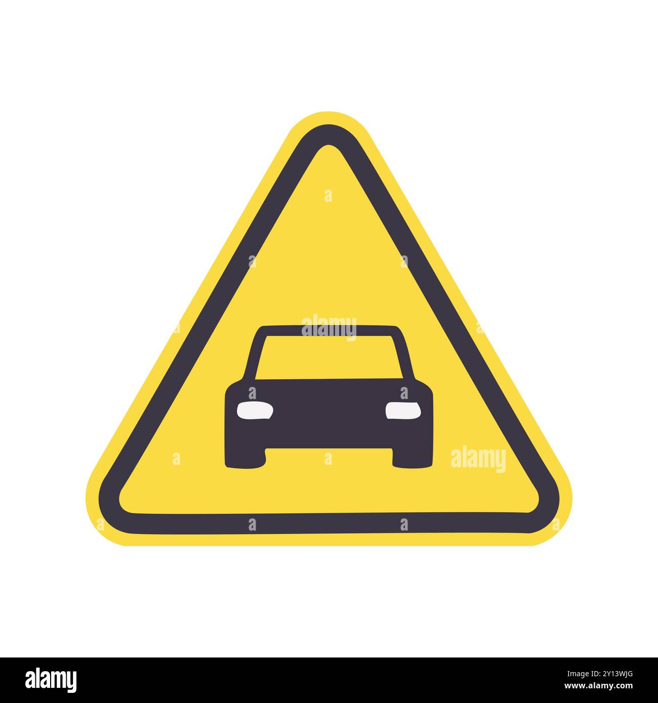 Car ahead warning sign. Yellow triangle road sign with black border, indicating a car ahead ...