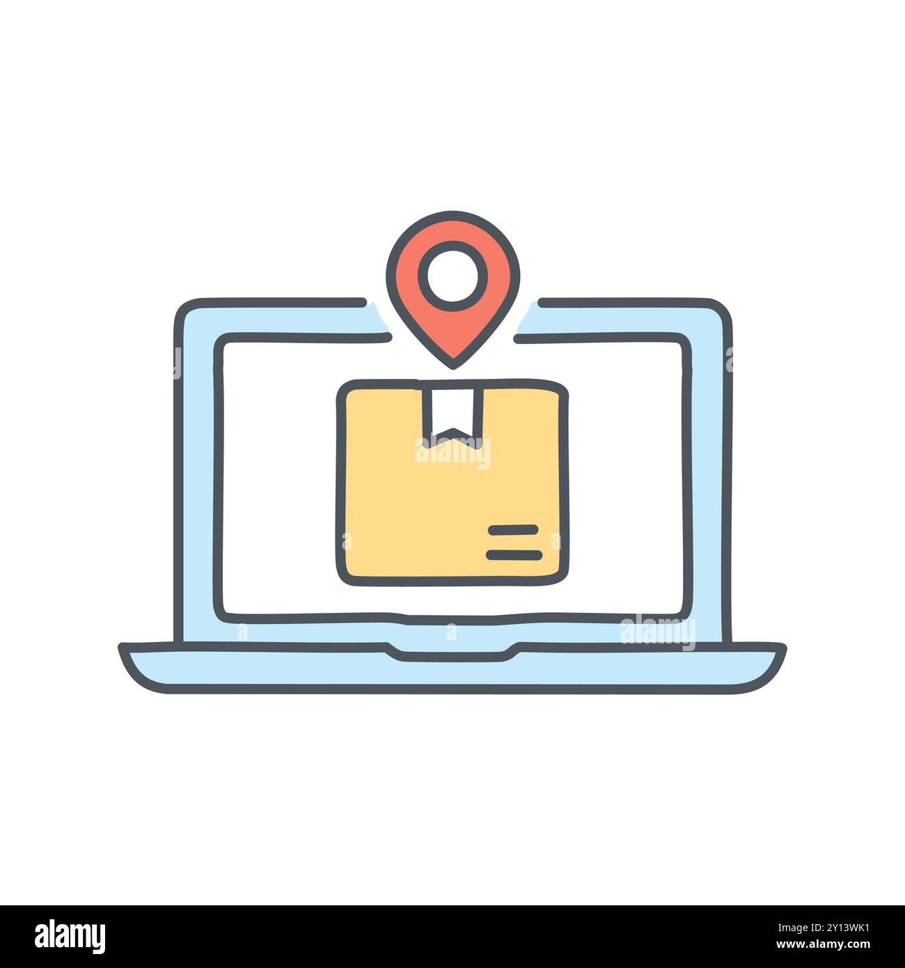 Online delivery. Laptop screen with a box and location pin, indicating ...