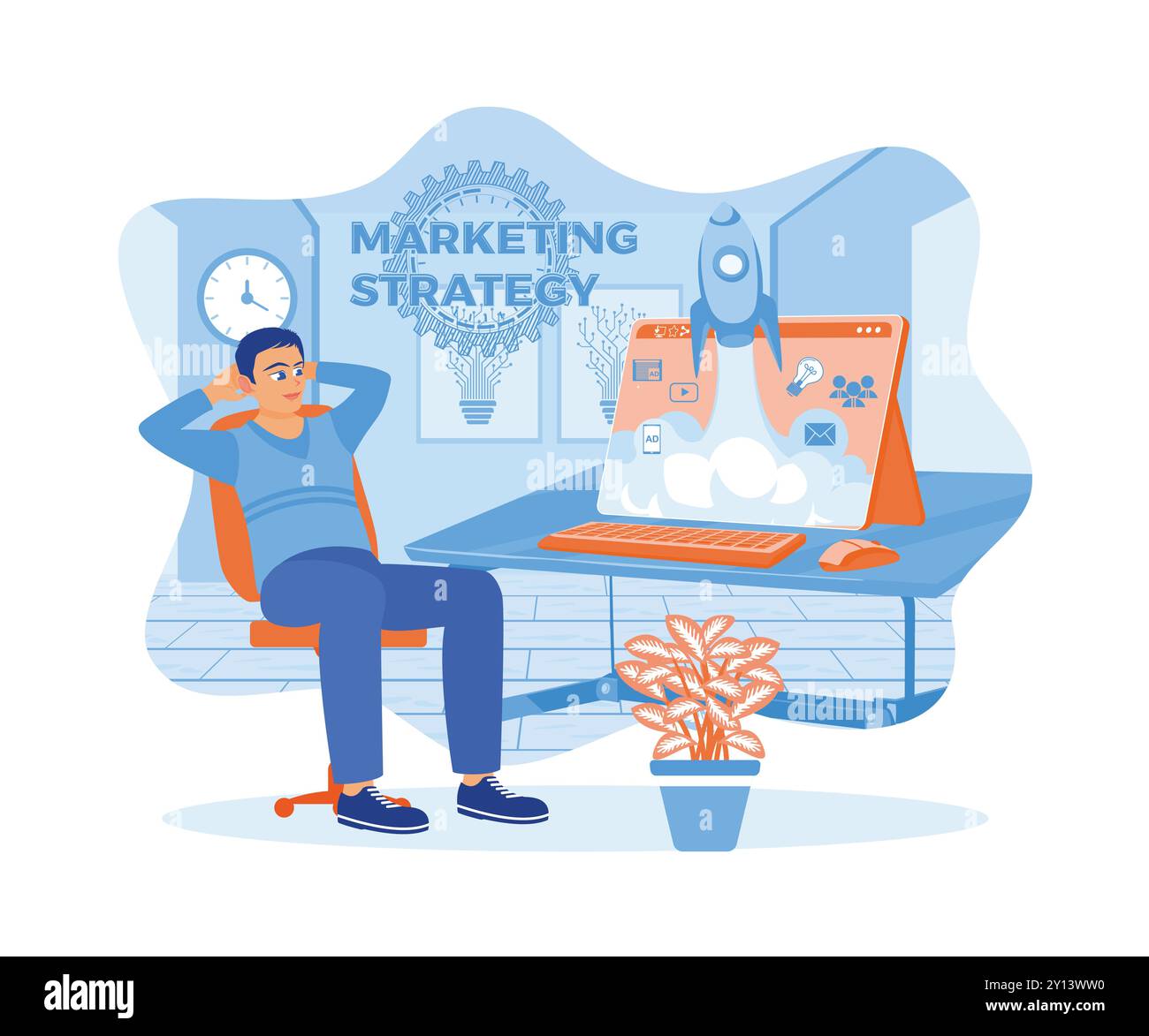 Entrepreneurs develop marketing strategy technology. A rocket icon ...