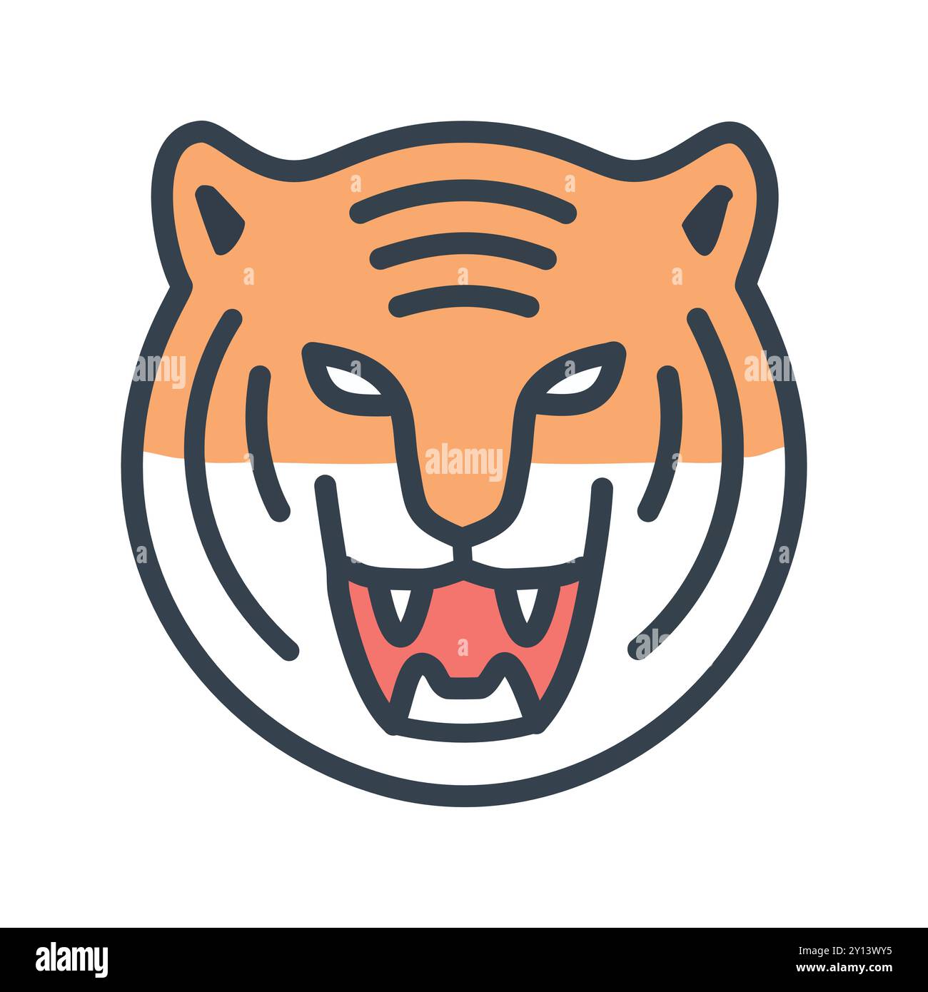 Tiger head icon. Fierce tiger head with open mouth, striped fur, and sharp teeth, symbolizing ...