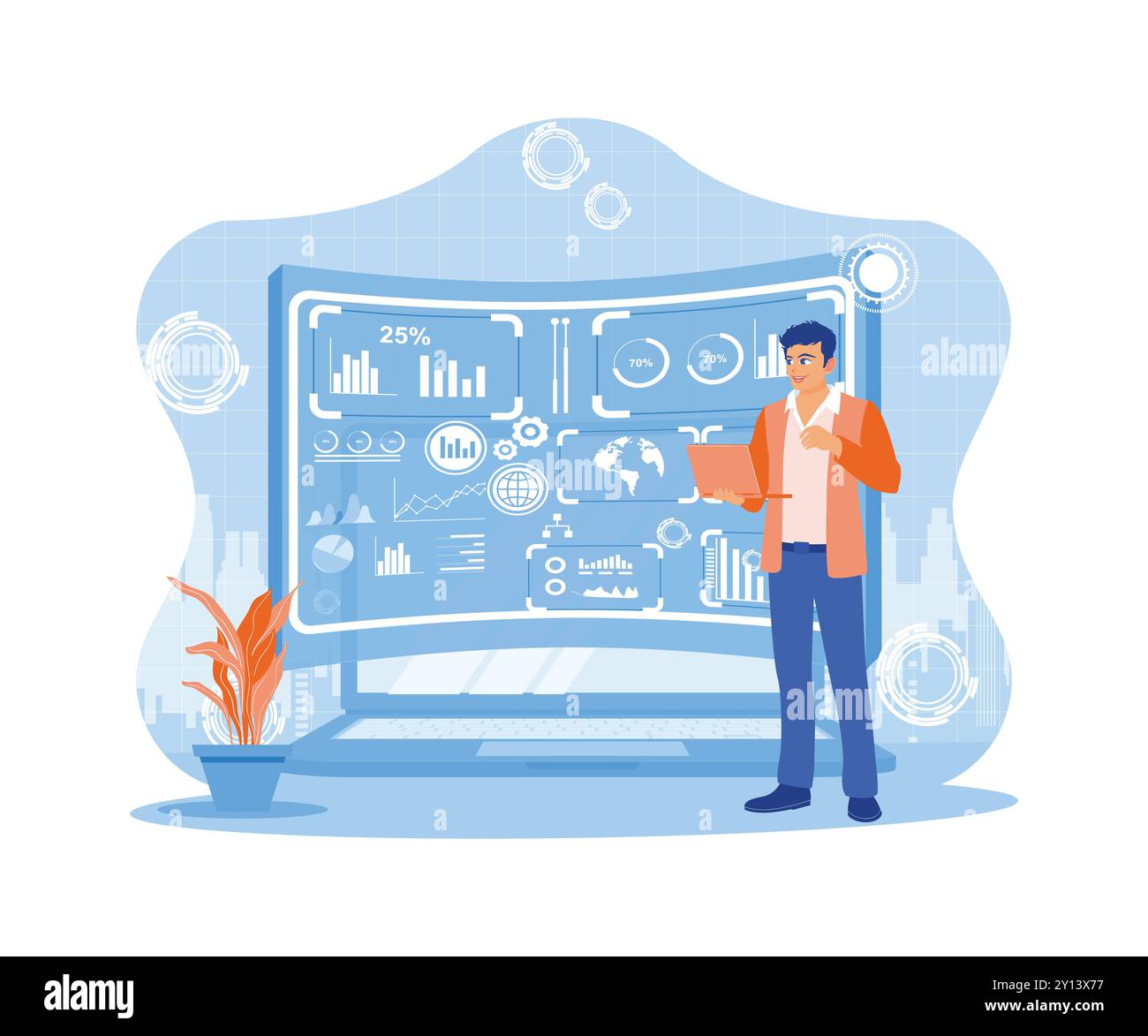 Modern human and graphical interface shows sales reports, profit graphs ...