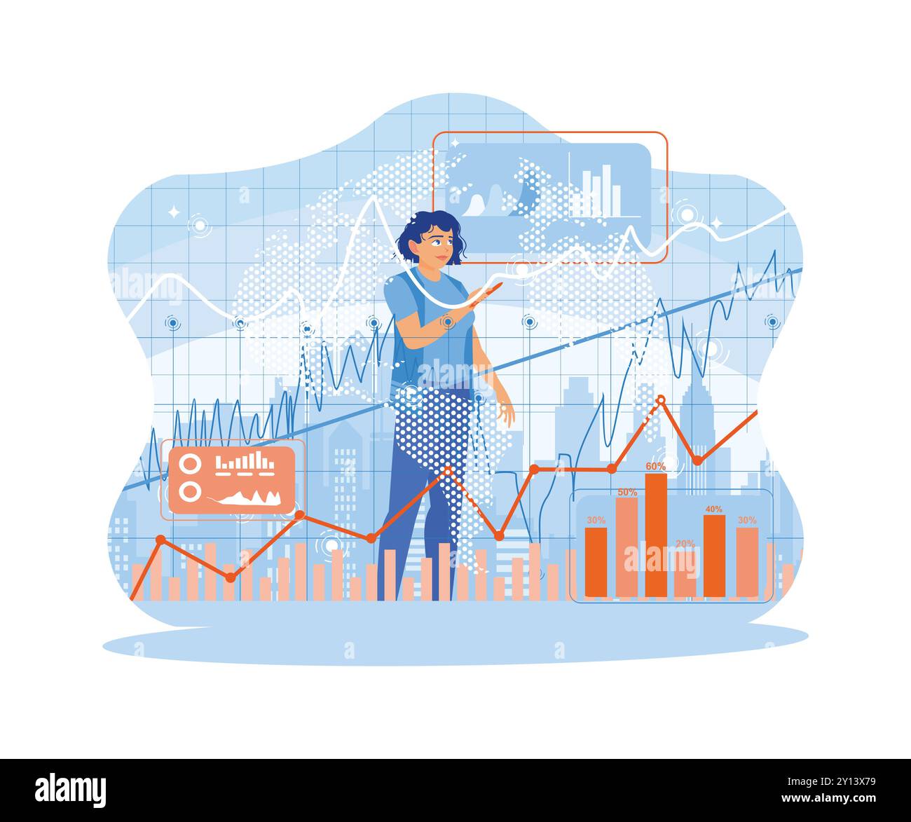 Young woman using stock market trading chart chart on screen. Stock ...