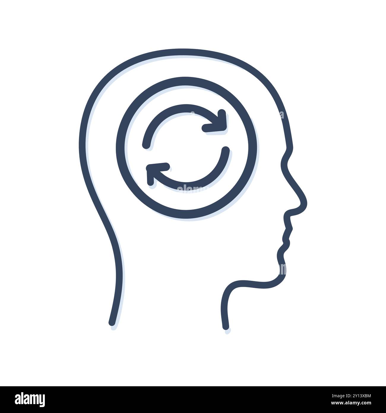 Mind renewal. Human head with rotating arrows inside. Represents mental ...