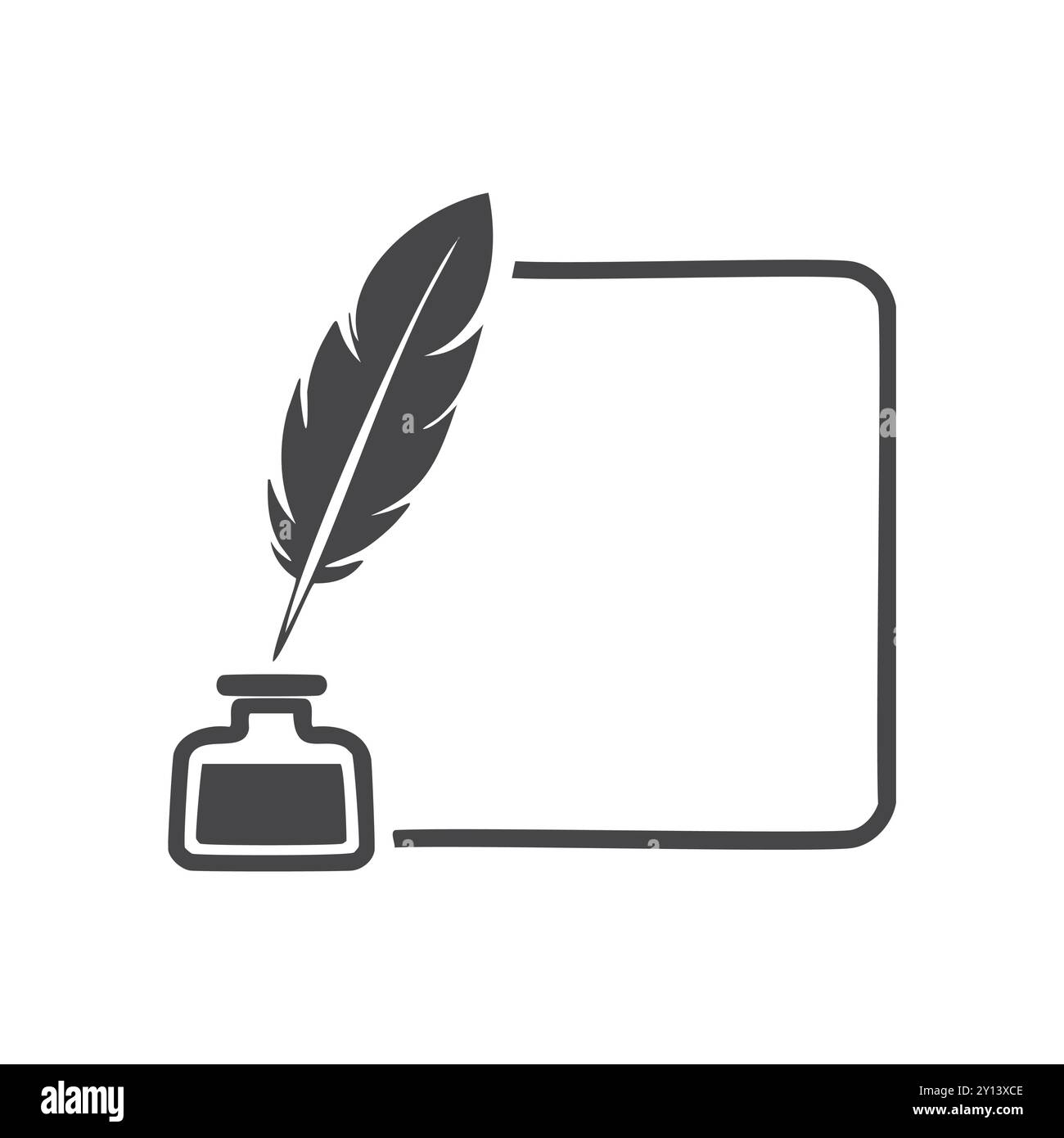 Quill pen and inkwell. Black and white icon depicting a quill pen and ...