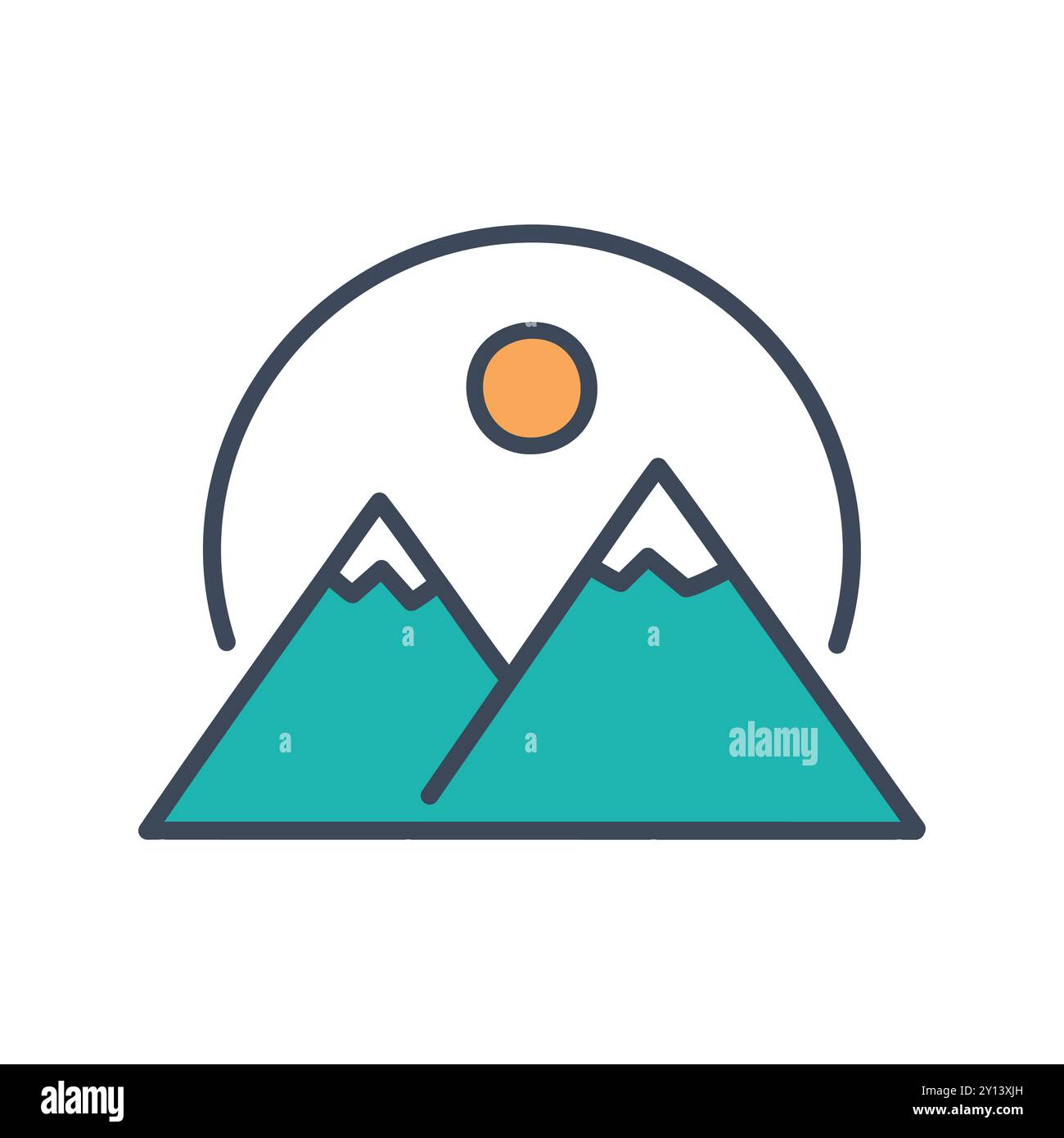 Mountain sunset icon. Colorful icon of two mountains with a sun setting ...
