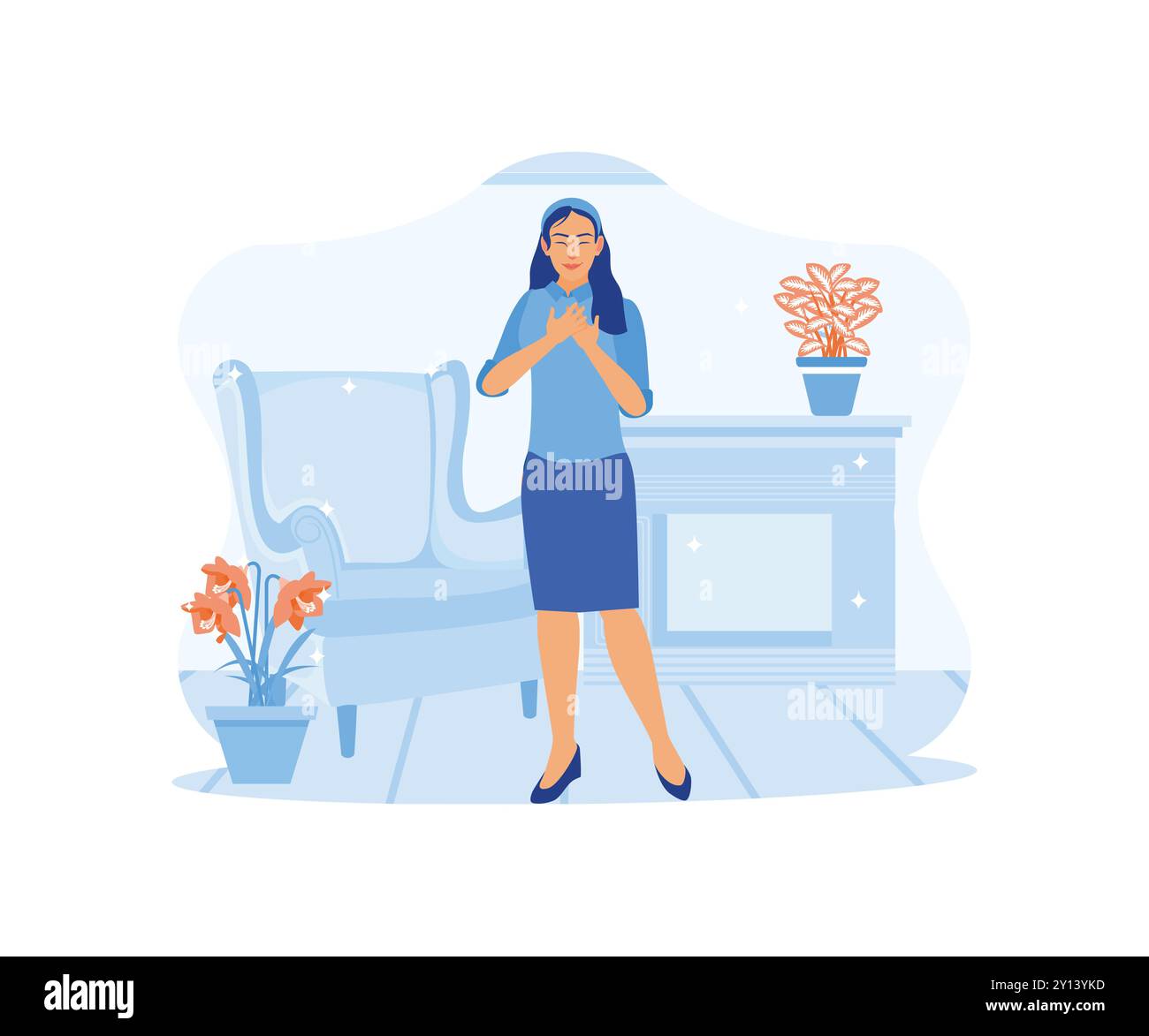 Peaceful young woman standing. Placing your hands on your chest with ...