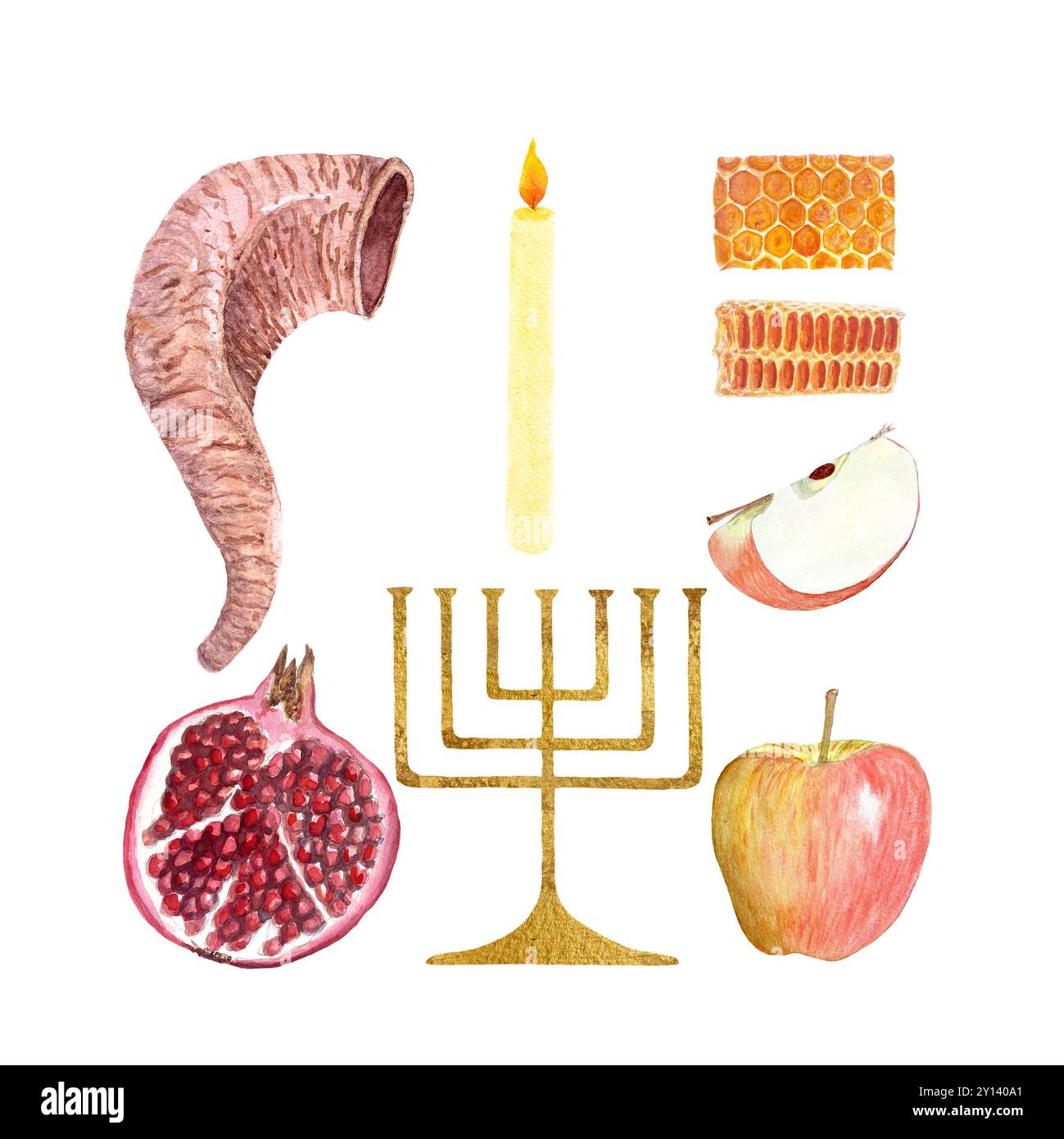 Shofar, apple, pomegranate, honeycomb, menorah, candle hand painted ...