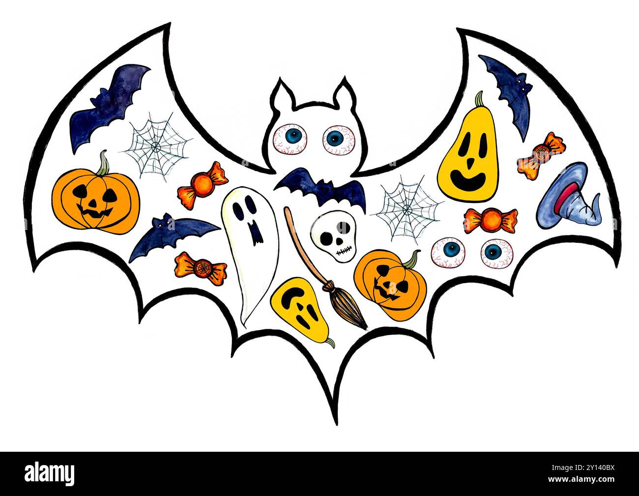 Doodle set of Halloween symbols inscribed in the silhouette of bat ...