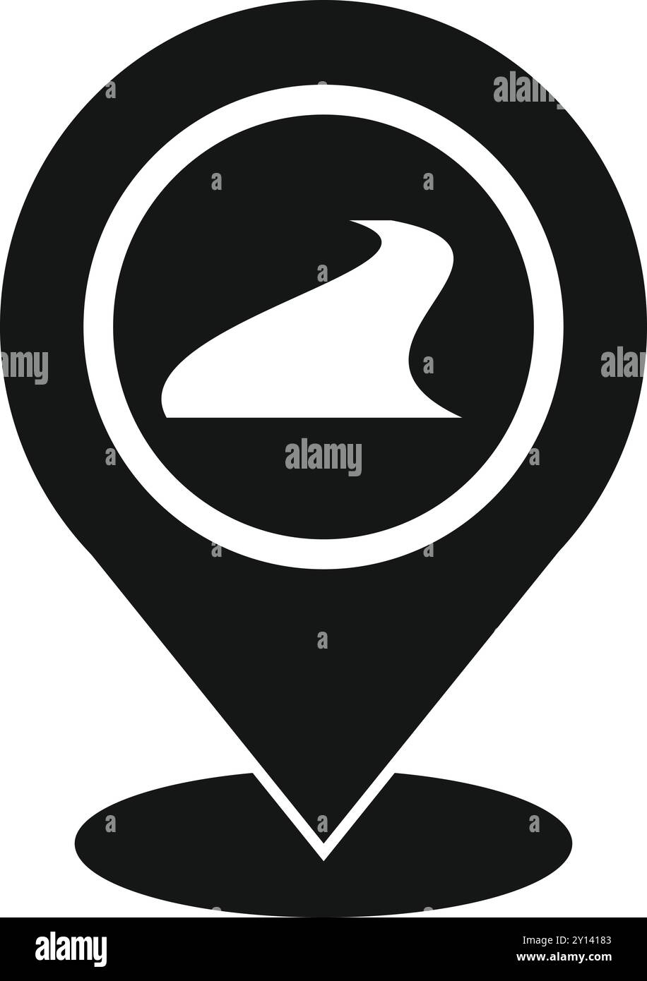 Simple icon of a winding road inside a map pin, in black and white ...