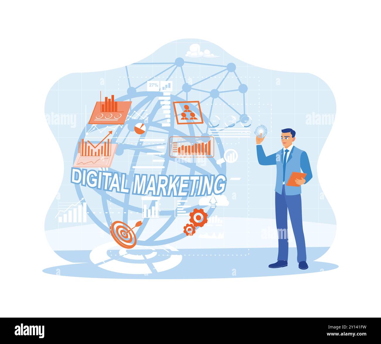 Entrepreneur creates digital marketing solution on virtual screen. They ...