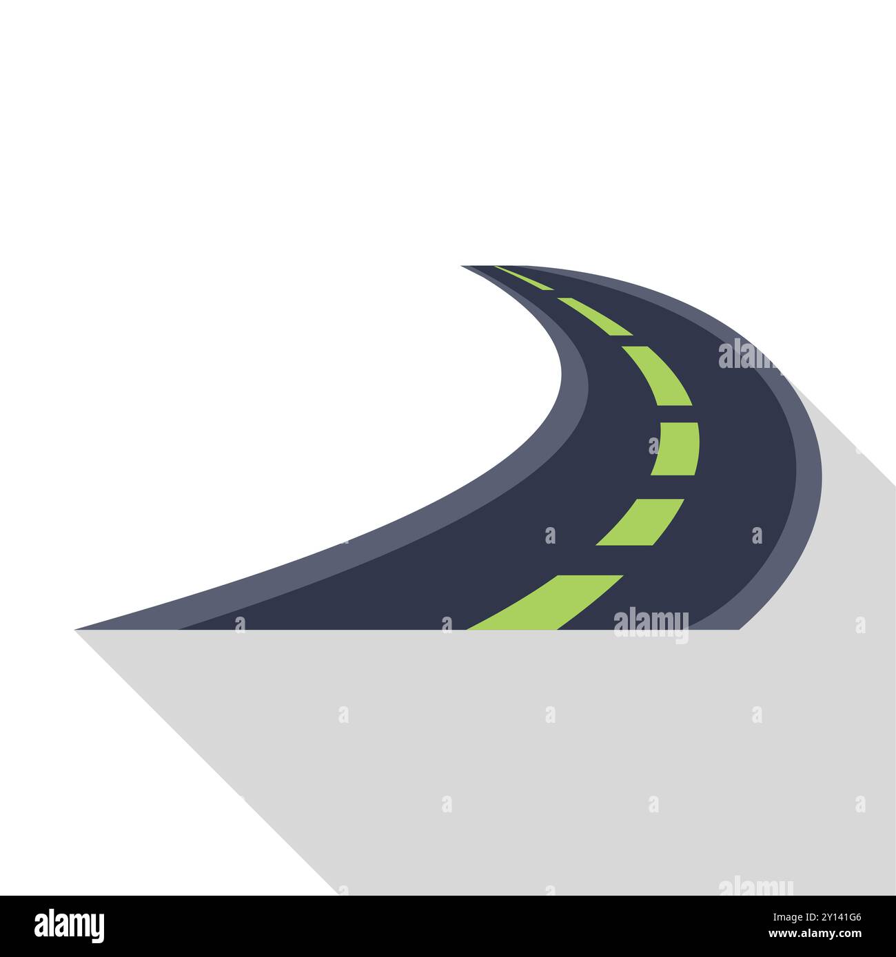 Winding road is turning a corner with green markings on a white ...