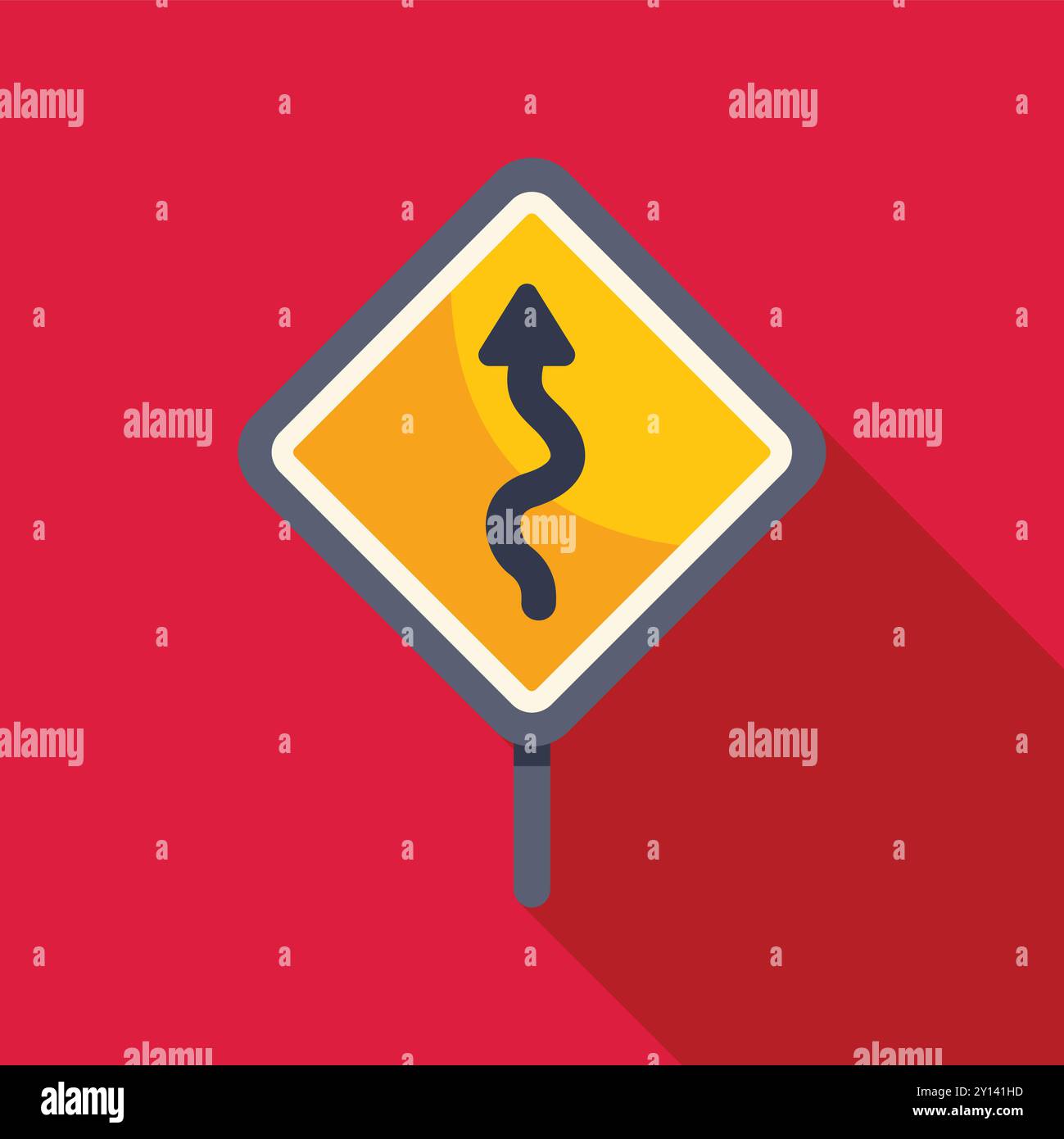 Yellow traffic sign indicating a winding road ahead, alerting drivers ...