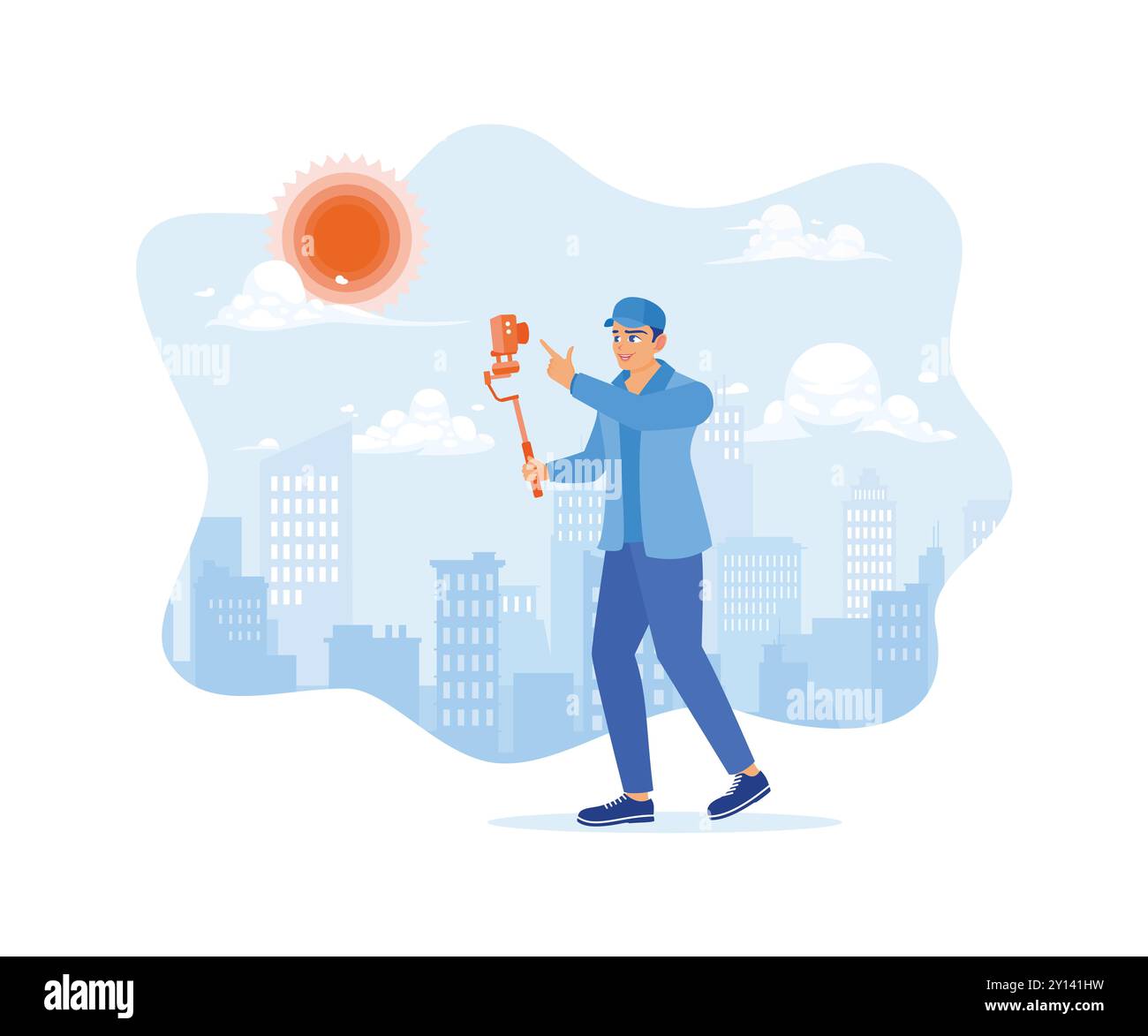 Man in hat creates video content using a modern camera. Urban view ...