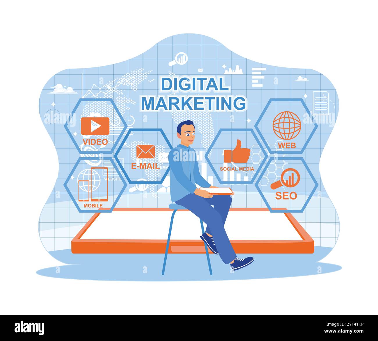 The businessman is sitting on a chair holding a tablet. Accessing digital marketing technology ...