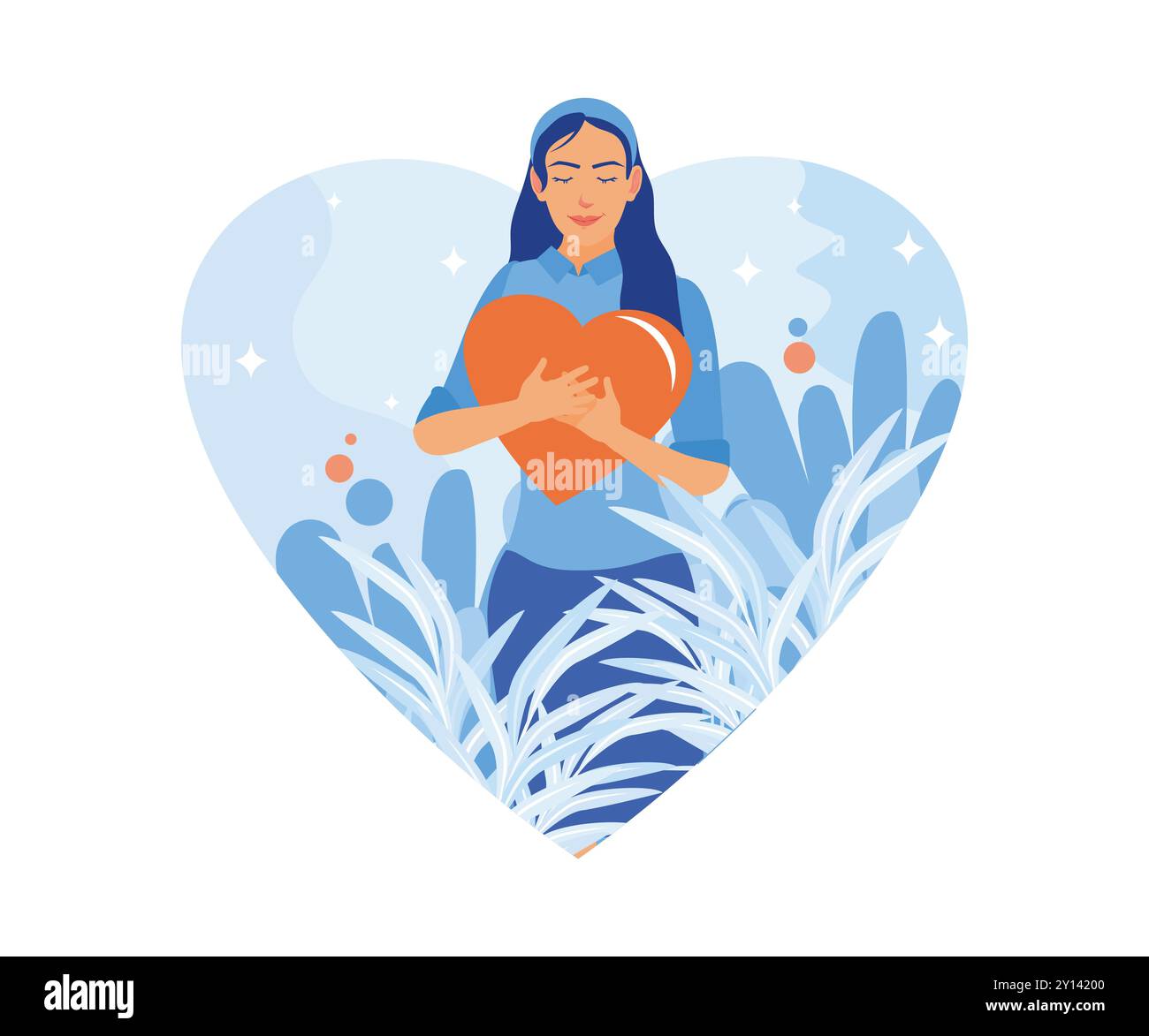 Young woman standing in the park. Holding the heart sign with both ...