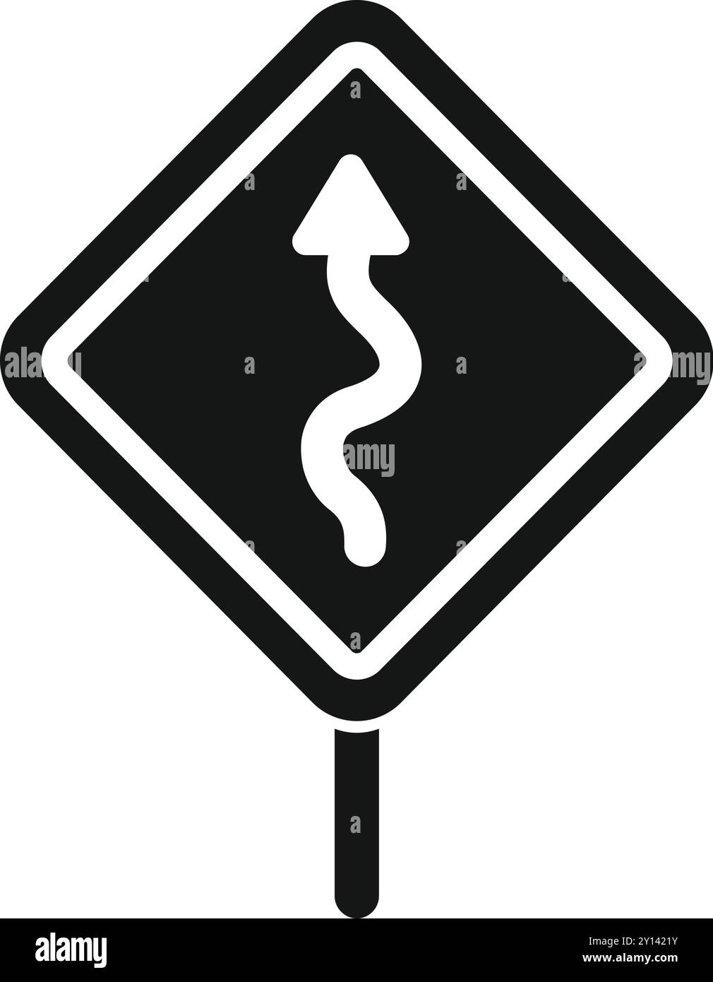 Black and white icon of a winding road traffic sign indicating curves ...