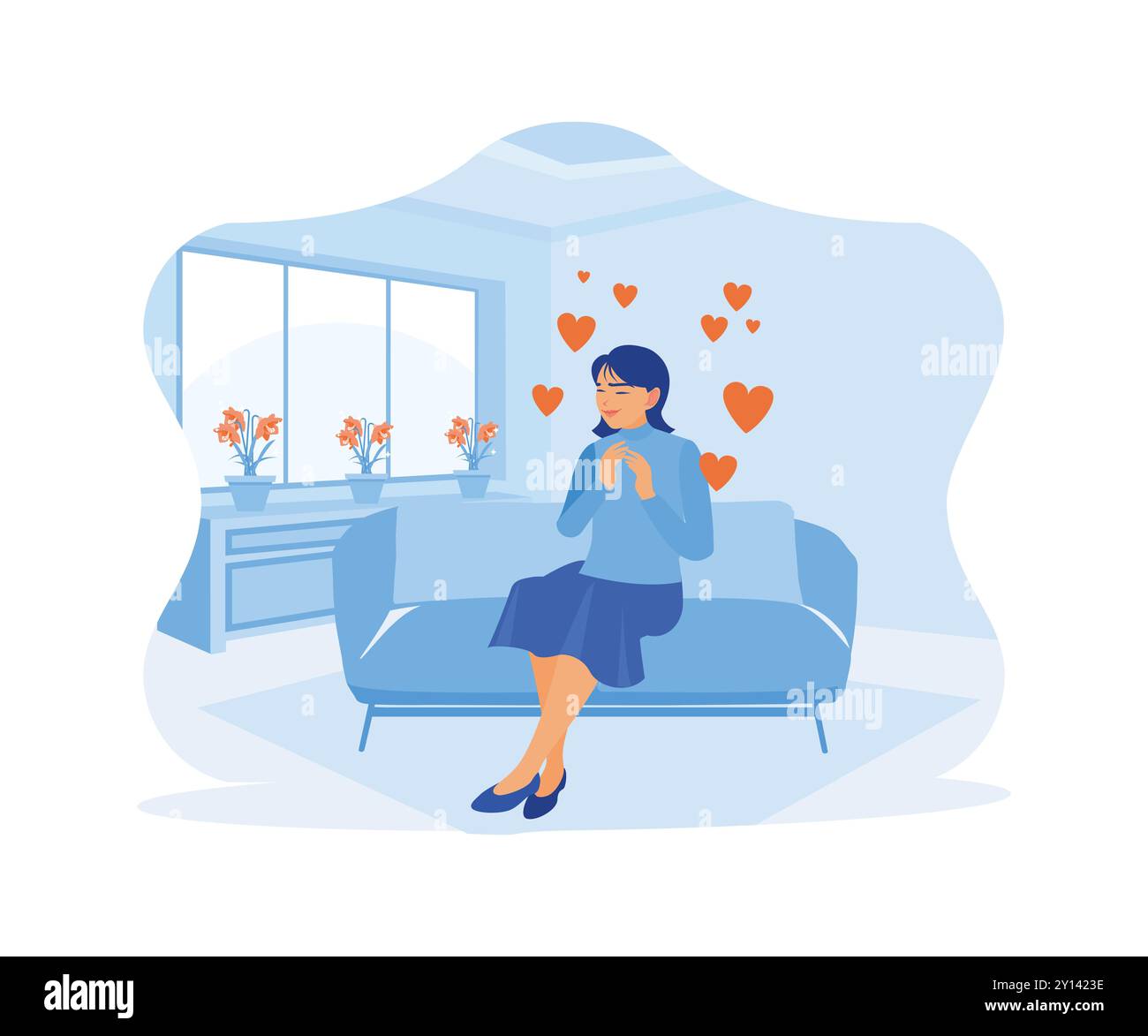 A calm and peaceful young woman sits on the sofa, putting her hands on ...