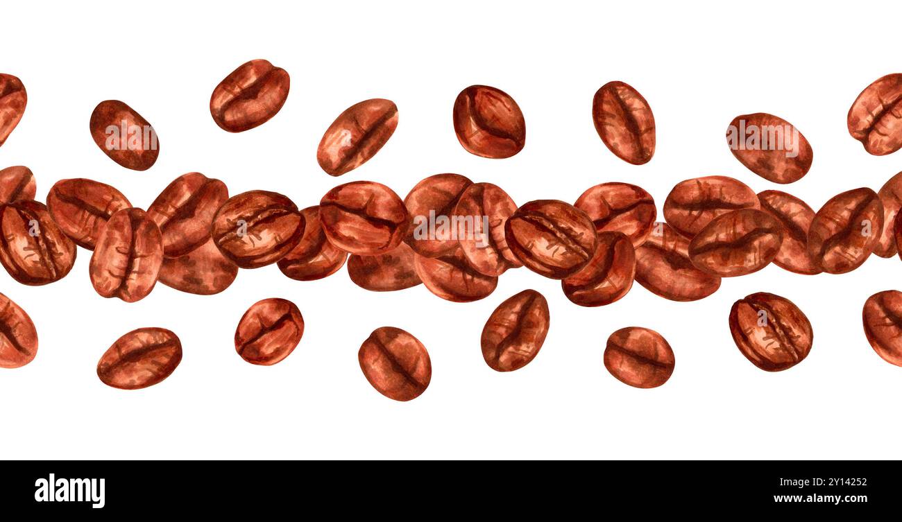 Coffee beans horizontal seamless border. Watercolor, marker ...