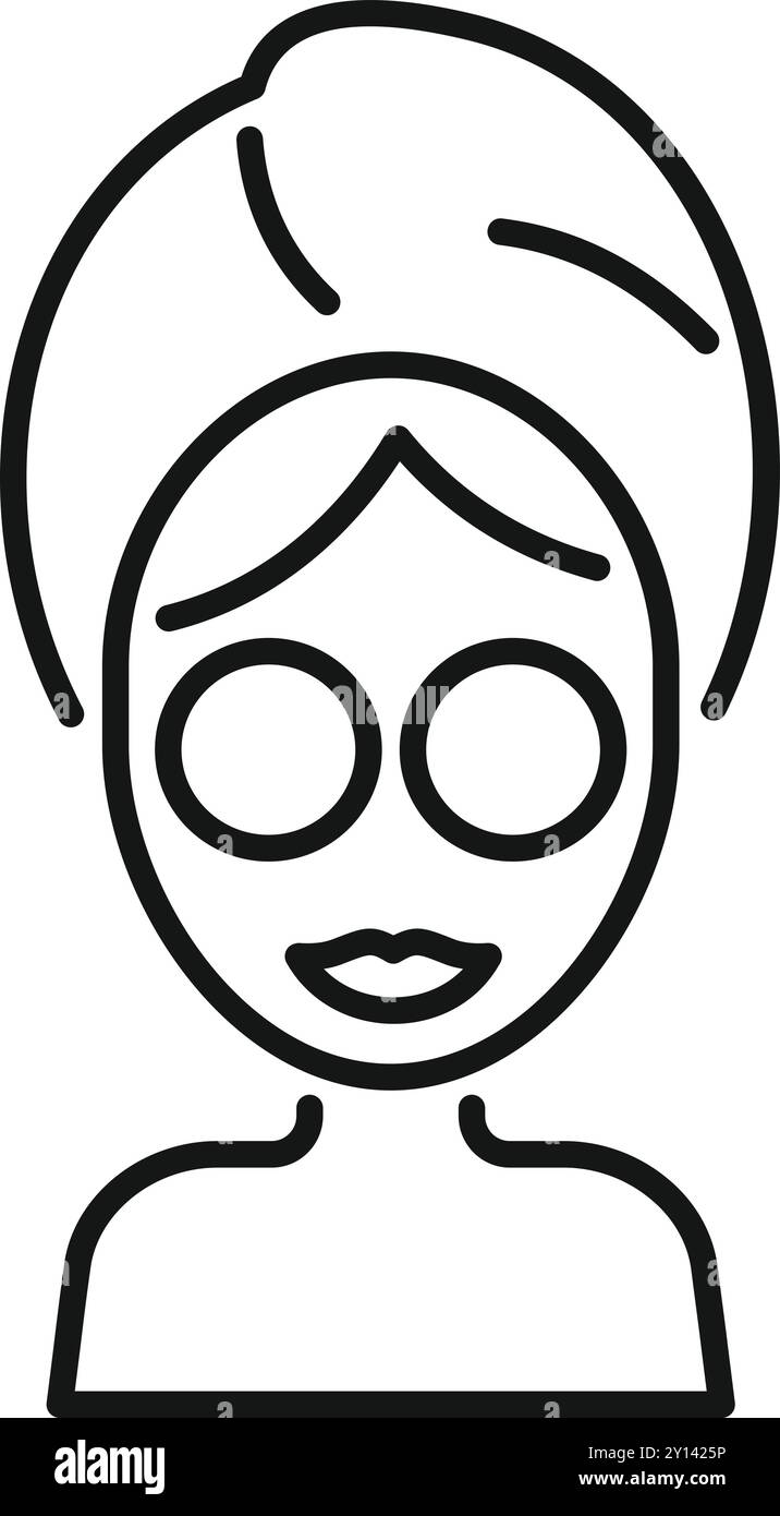 Line drawing of a woman wearing a towel and cucumber slices on her eyes ...