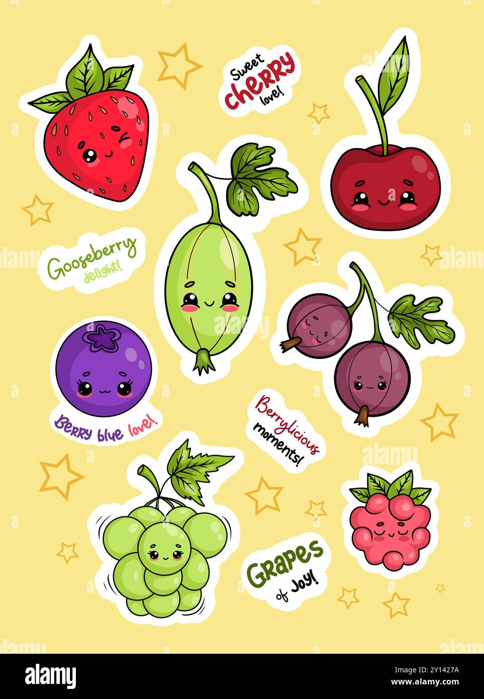 Cute fruit and berries stickers. Funny cartoon kawaii characters and ...