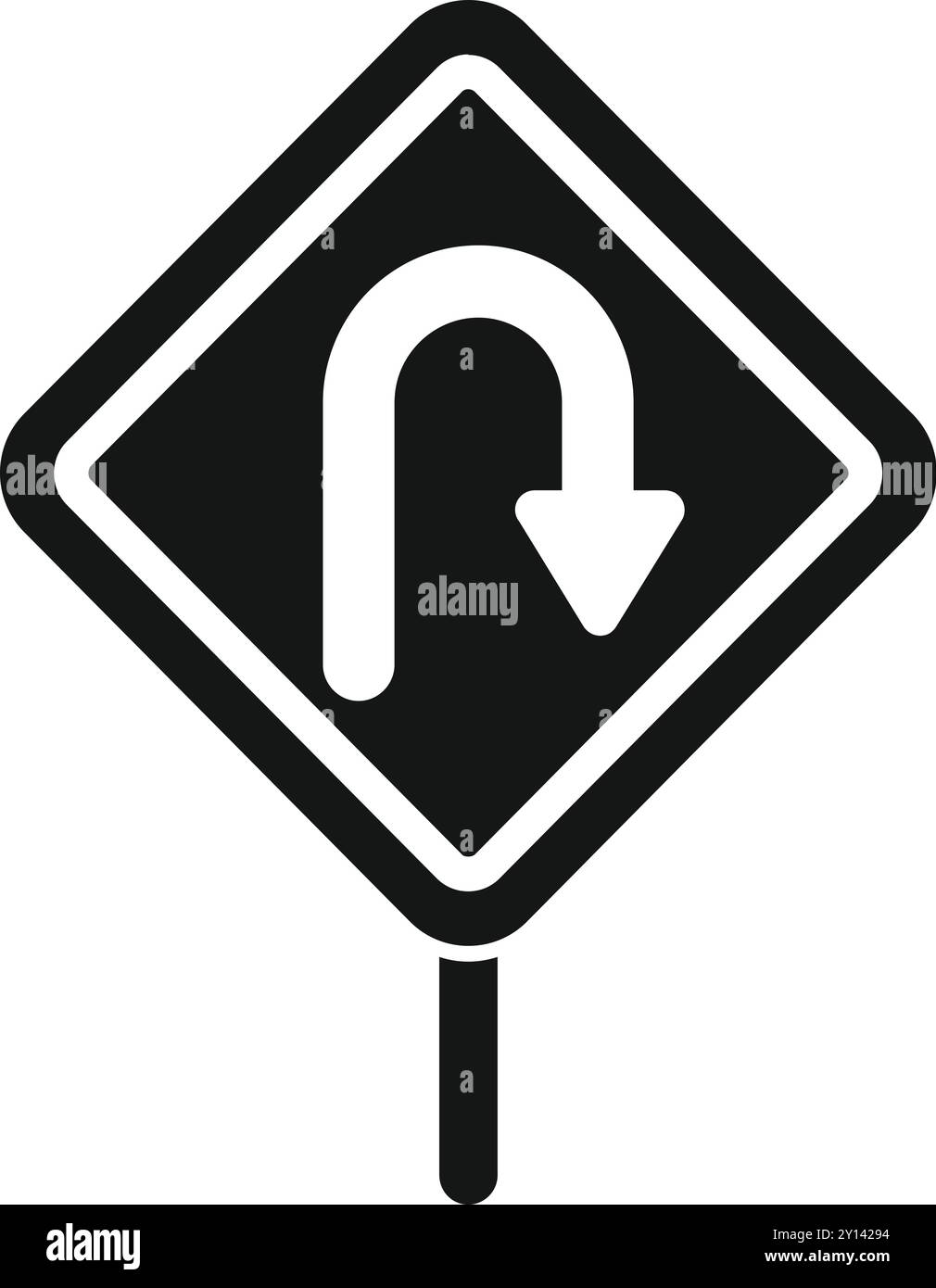 Black and white u turn road sign on a metal pole is indicating drivers ...