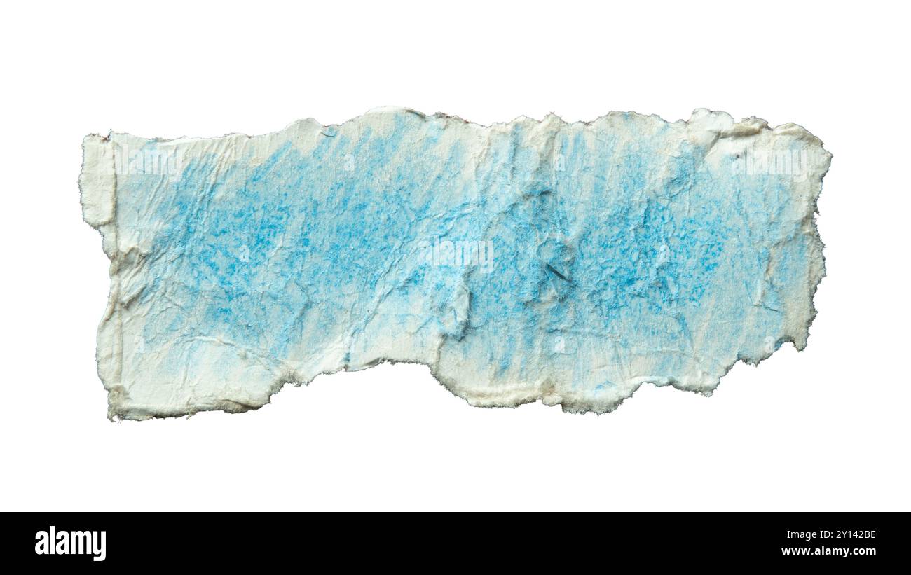 Torn paper with blue color pencil paint on white background with ...